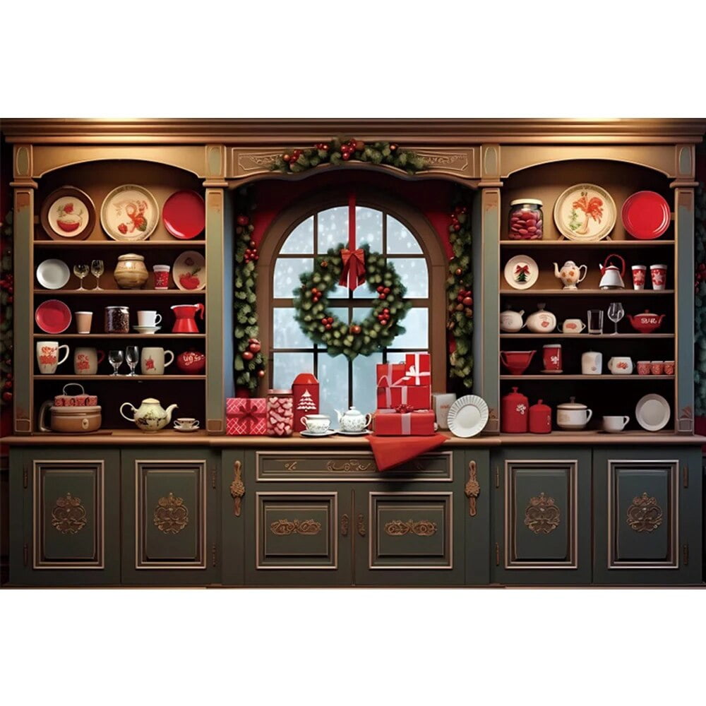 Christmas Kitchen Backdrop Kitchenware Cabinets Family Shoot XMAS Tree ...