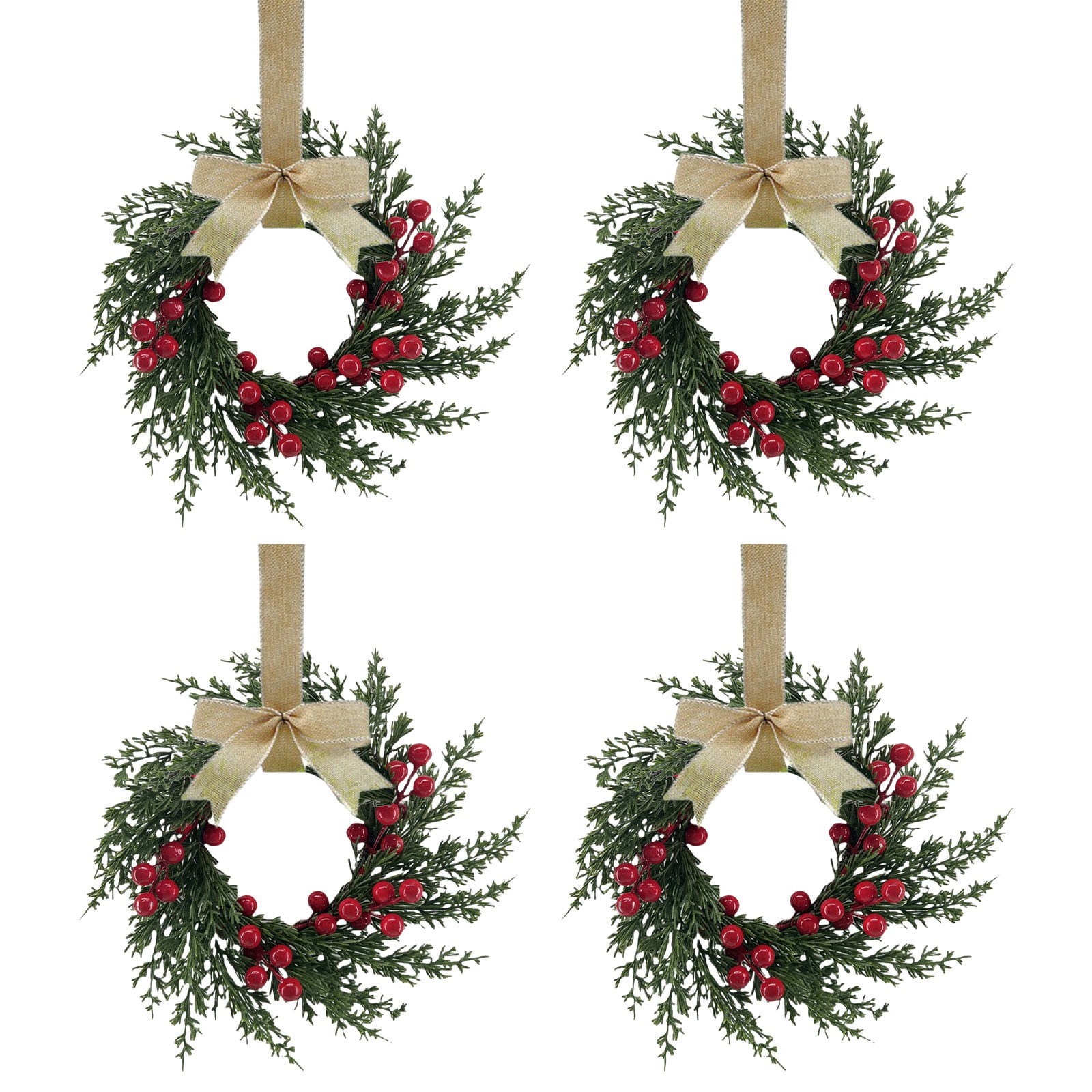 Christmas Kitchen Cabinet Wreaths with Ribbon, 4 Pcs Mini Christmas Wreath Small Kitchen Wreath ...