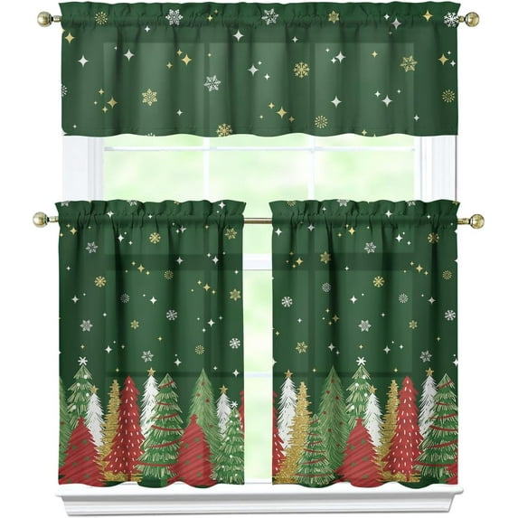 Christmas Kitchen Curtains 3 Piece Set Short Tier Green Christmas Tree ...