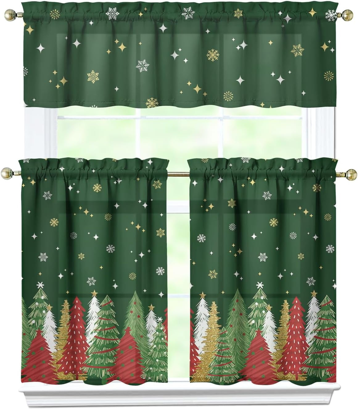 Christmas Kitchen Curtains 3 Piece Set Short Tier Green Christmas Tree ...