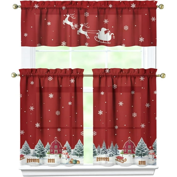 Christmas Kitchen Curtains 3 Piece Set Short Tier Red Snowman Valances ...