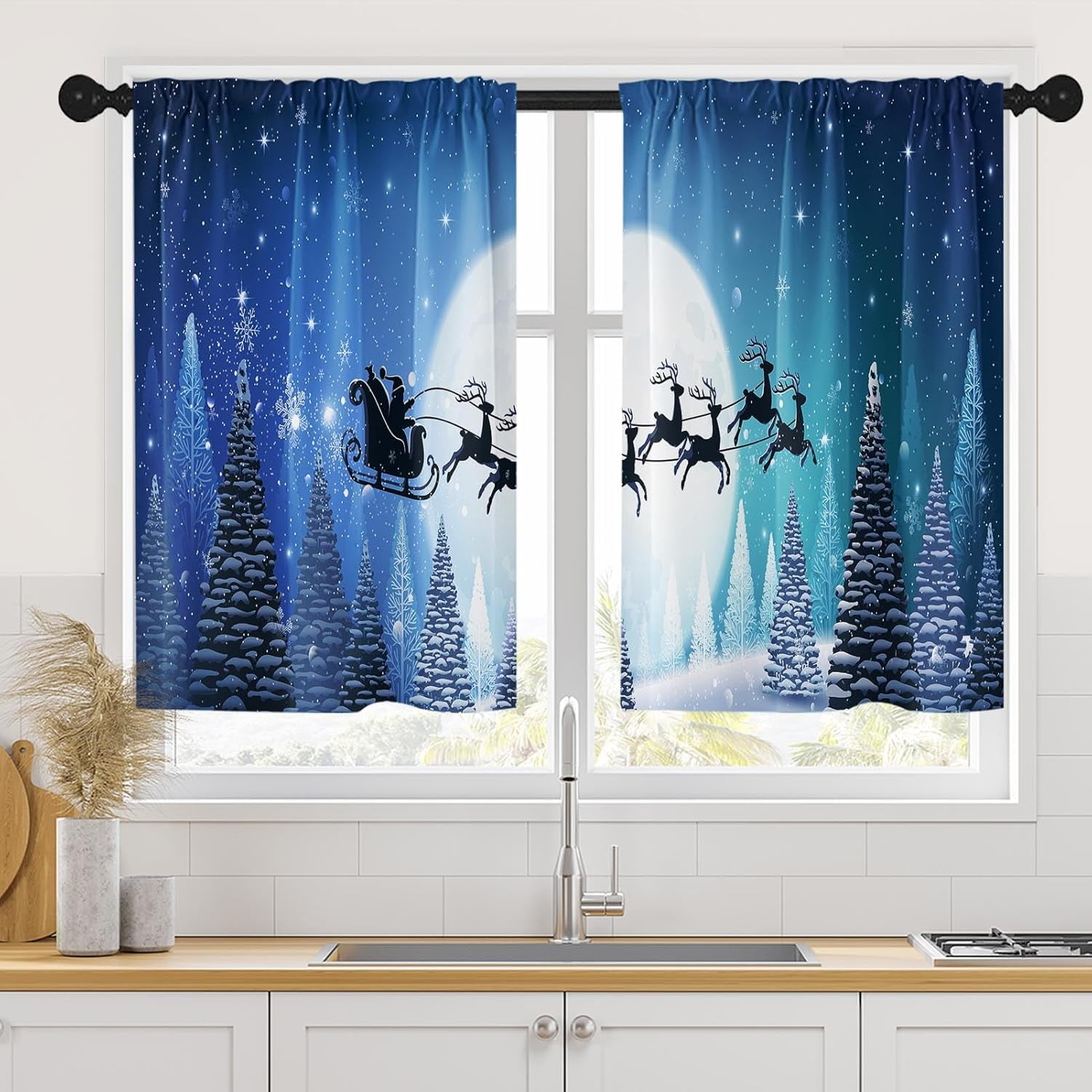 Christmas Kitchen Curtains Blue Window Curtains Over Sink Set of 2 ...