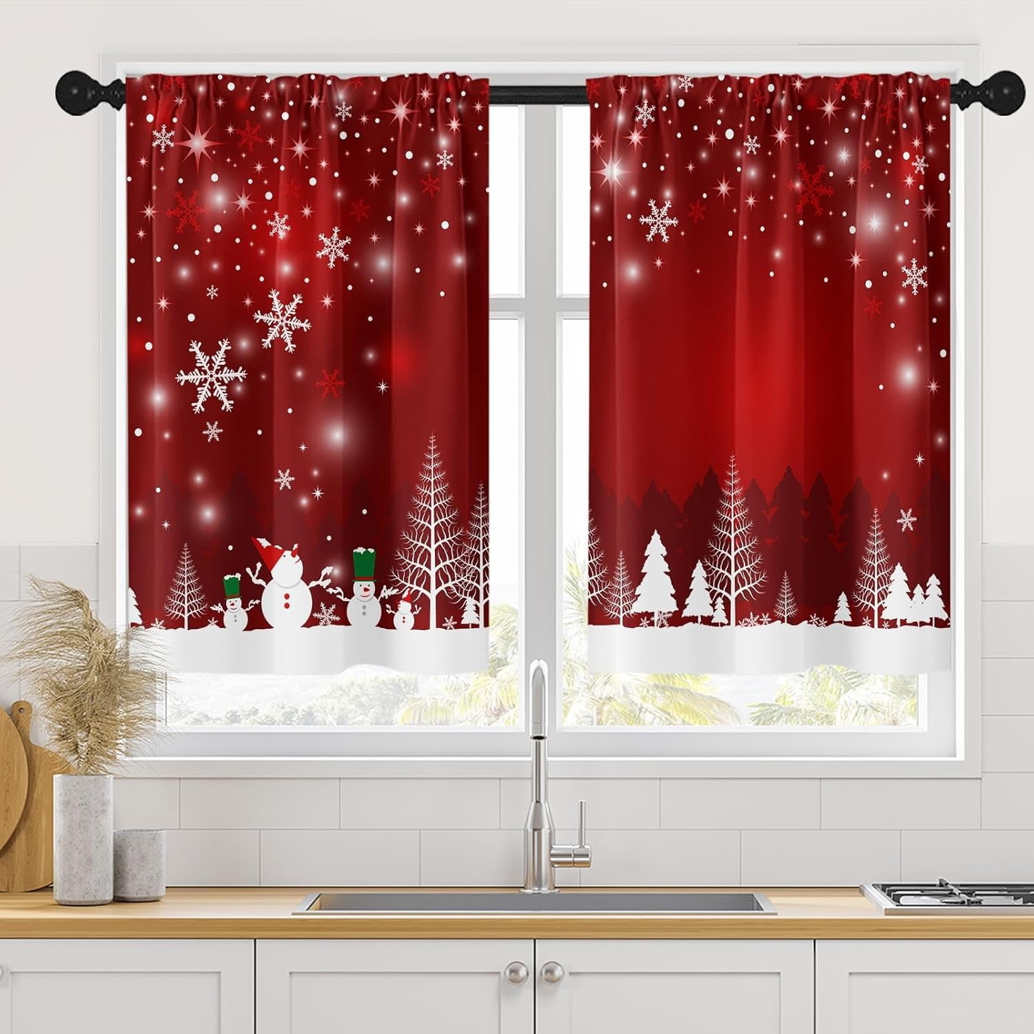 Christmas Kitchen Curtains Red Window Curtains Over Sink Set of 2 ...