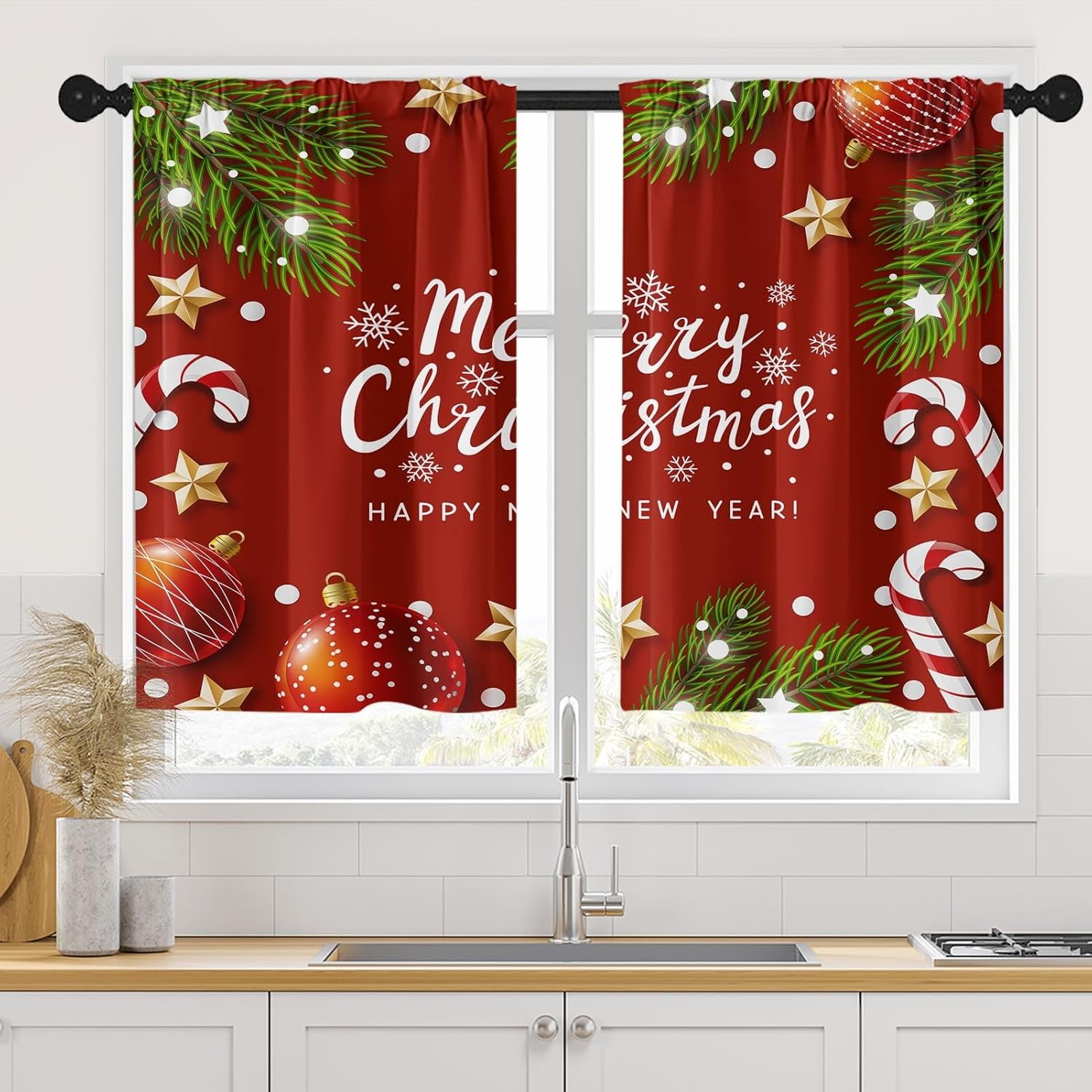 Christmas Kitchen Curtains Red Window Curtains Over Sink Set of 2, Xmas ...