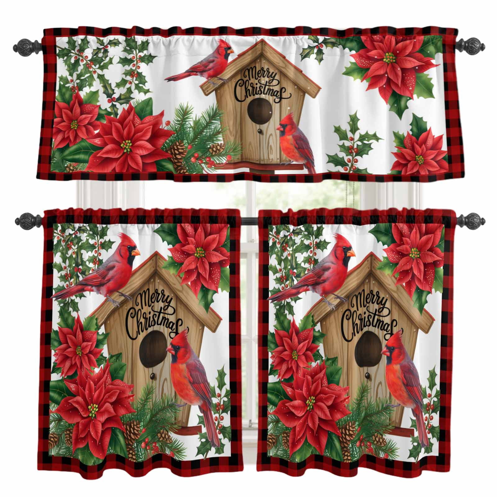 Christmas Kitchen Curtains Sets for Windows 36 Inch Length, Cardinal ...