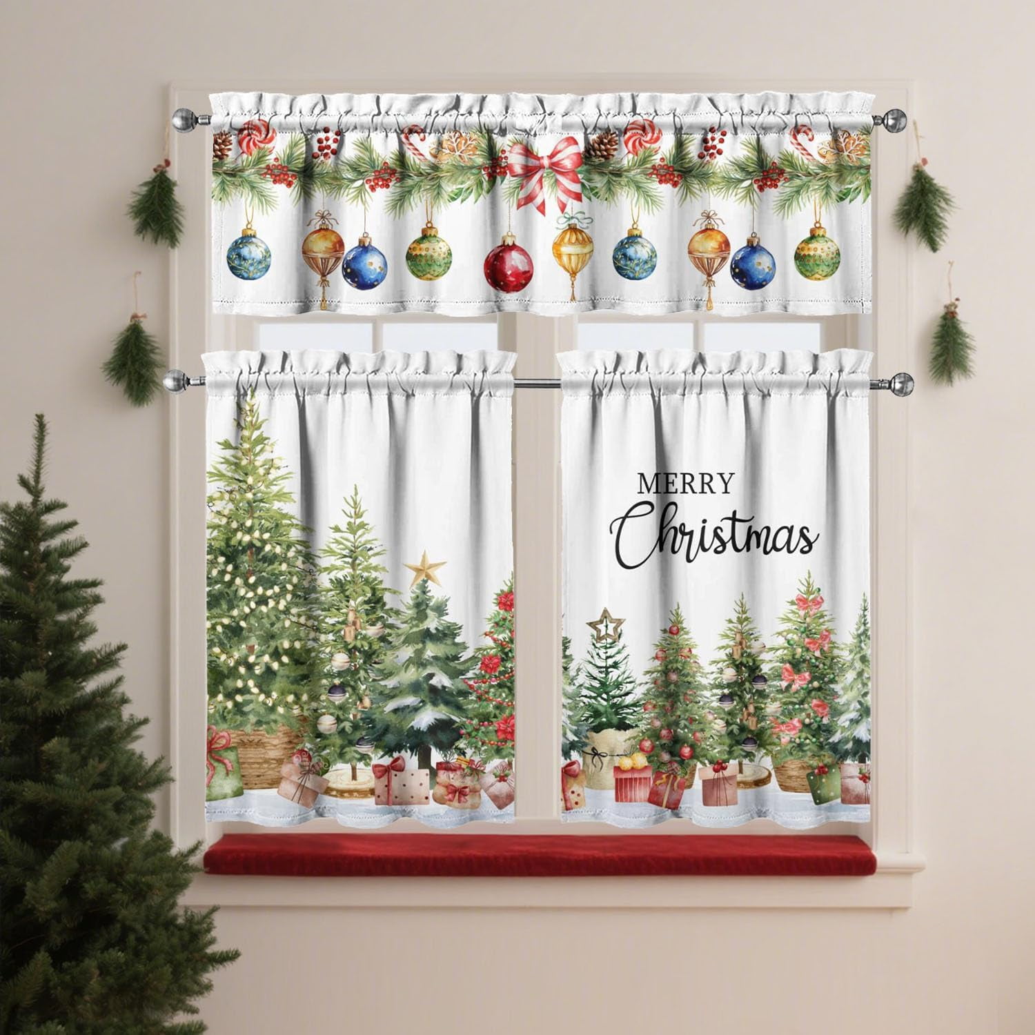 Christmas Kitchen Curtains Sets for Windows Christmas Trees Curtain ...