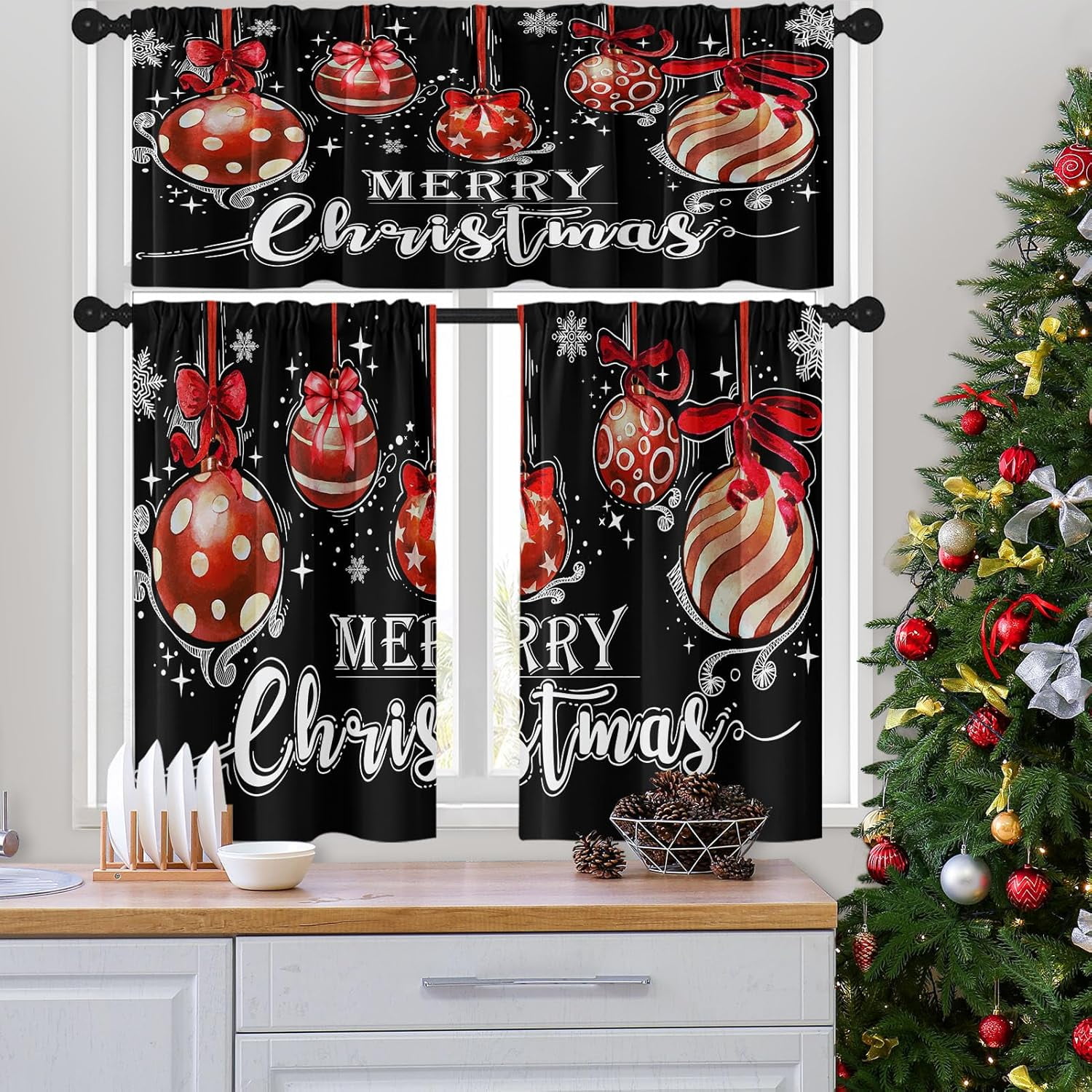Christmas Kitchen Curtains Snowflakes Red Black Christmas Ball Winter ...