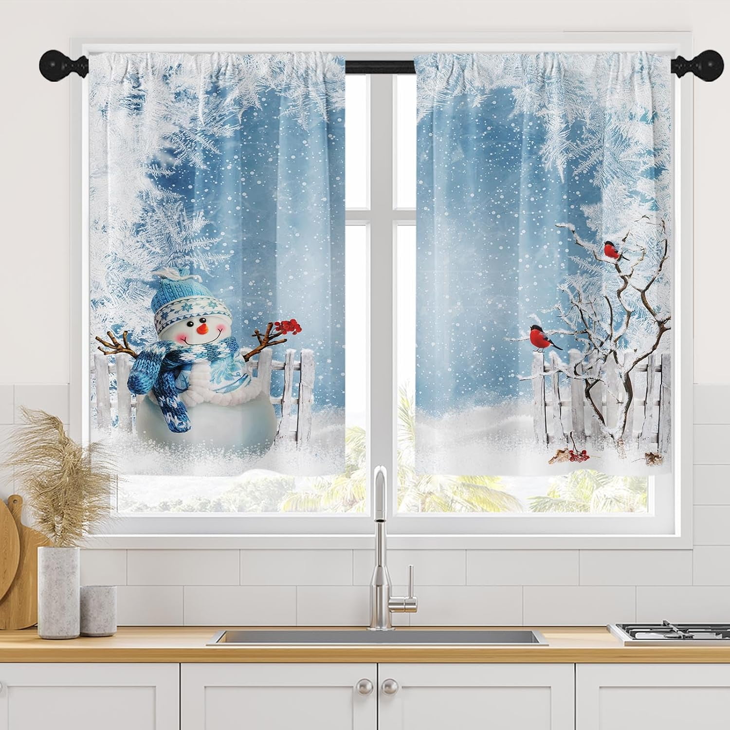 Christmas Kitchen Curtains Snowman Window Curtains Over Sink Set of 2 ...