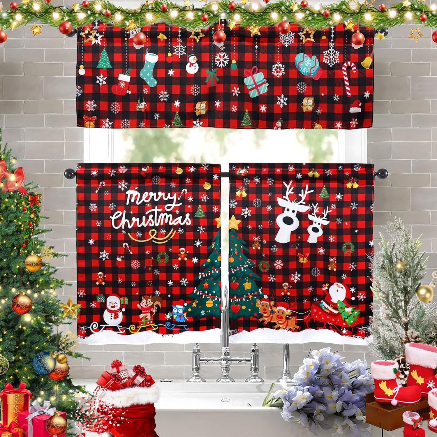 Christmas Kitchen Curtains and Valances Set - 3 Piece Kitchen Curtains ...