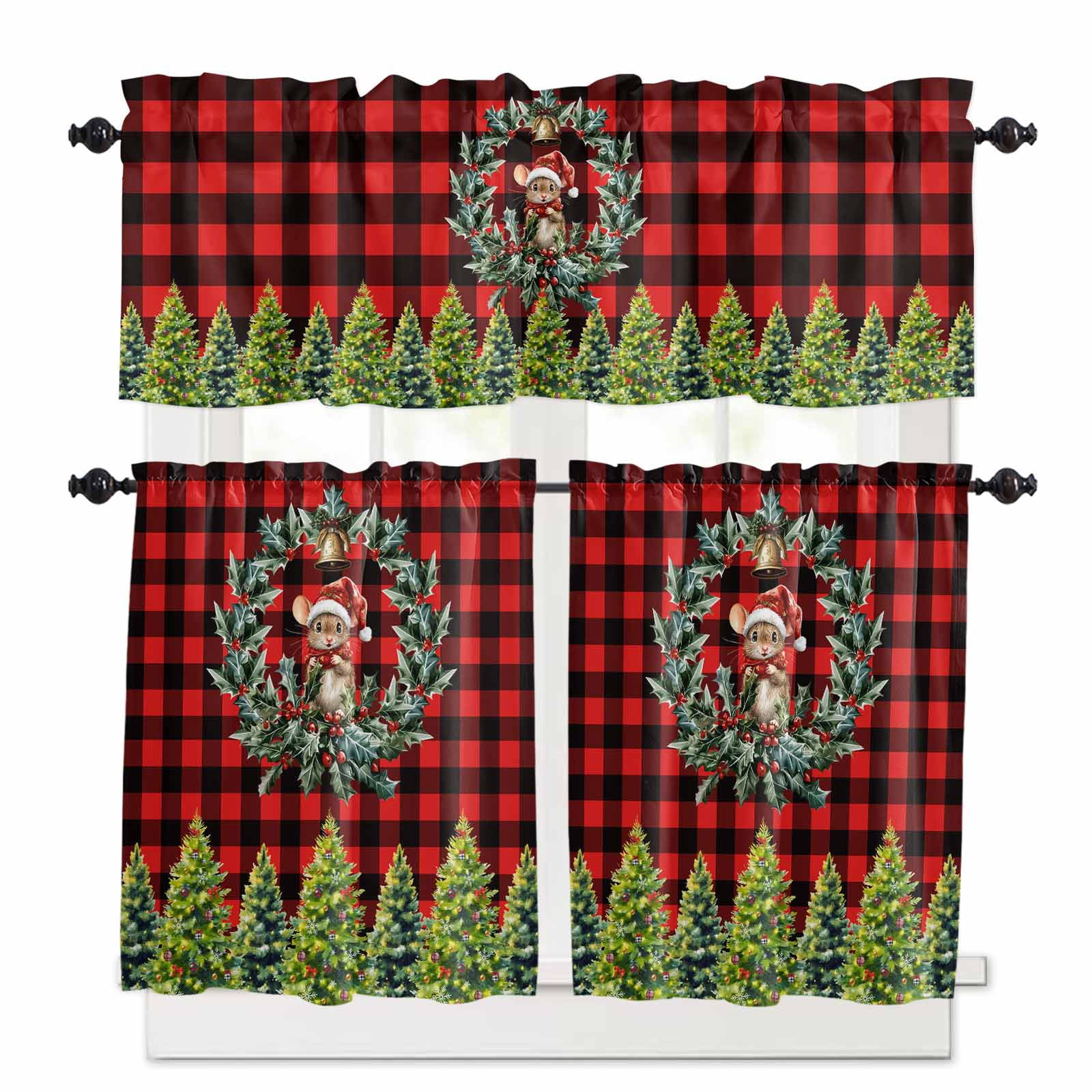 Christmas Kitchen Curtains and Valances Set, Cute Mouse Pine Tree Leaf ...