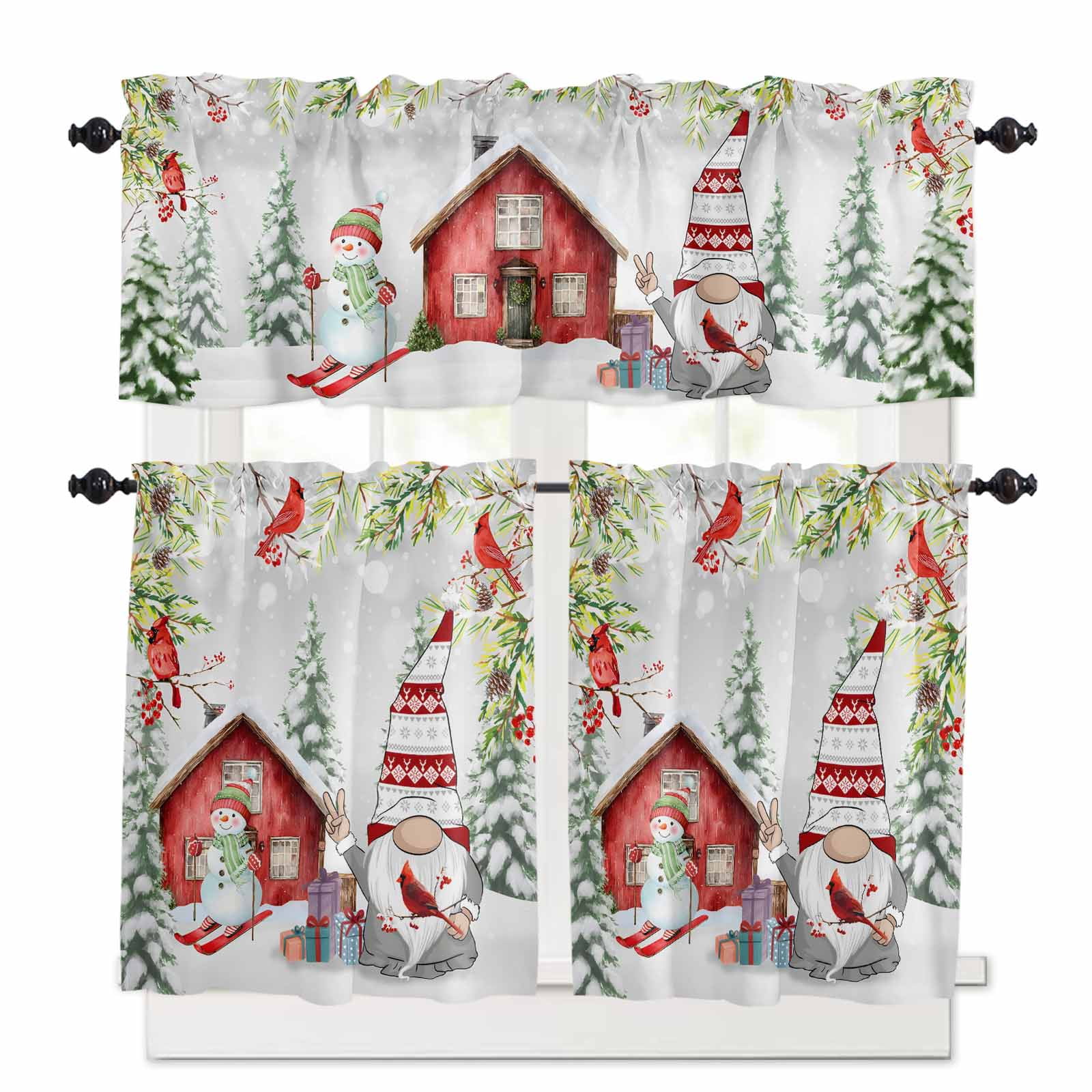 Christmas Kitchen Curtains and Valances Set, Dwarf Snowmen Cardinal ...