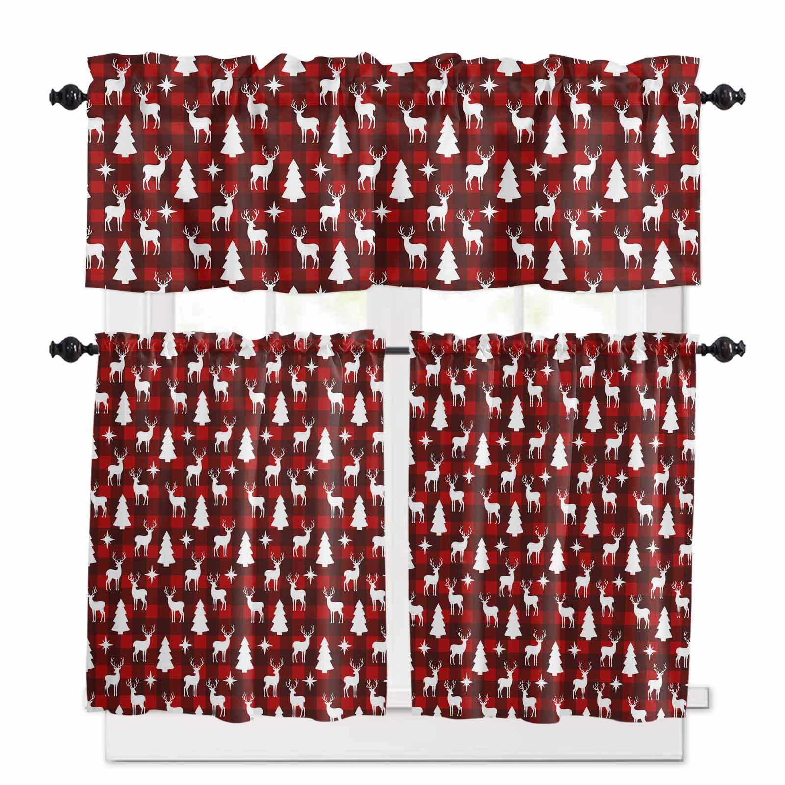 Christmas Kitchen Curtains and Valances Set, Modern Winter Elk Pine ...
