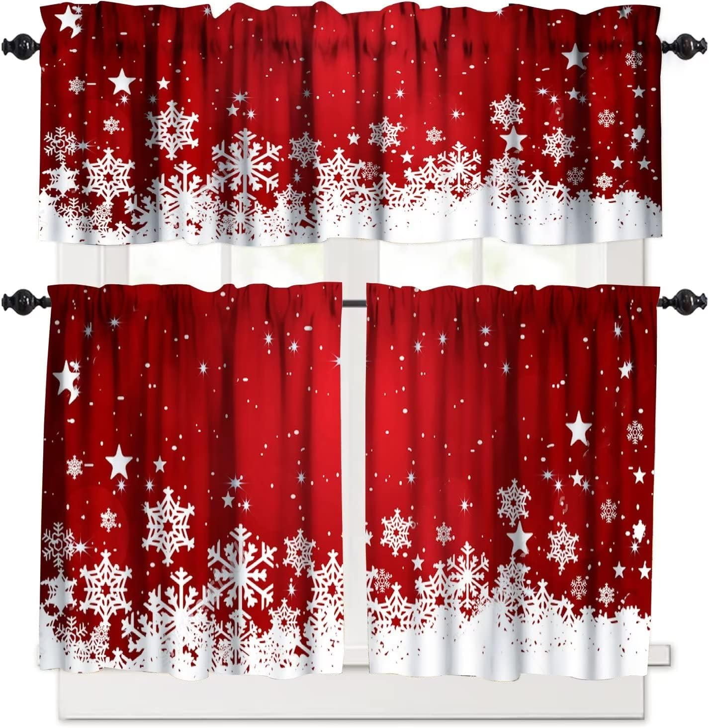 Christmas Kitchen Curtains and Valances Set Red Floral Snowflake ...