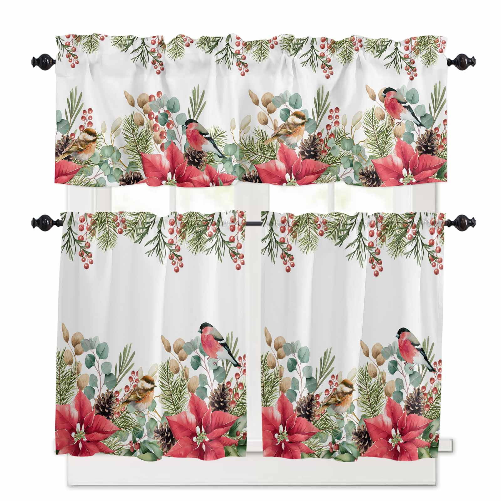 Christmas Kitchen Curtains and Valances Set, Red Green Poinsettia ...
