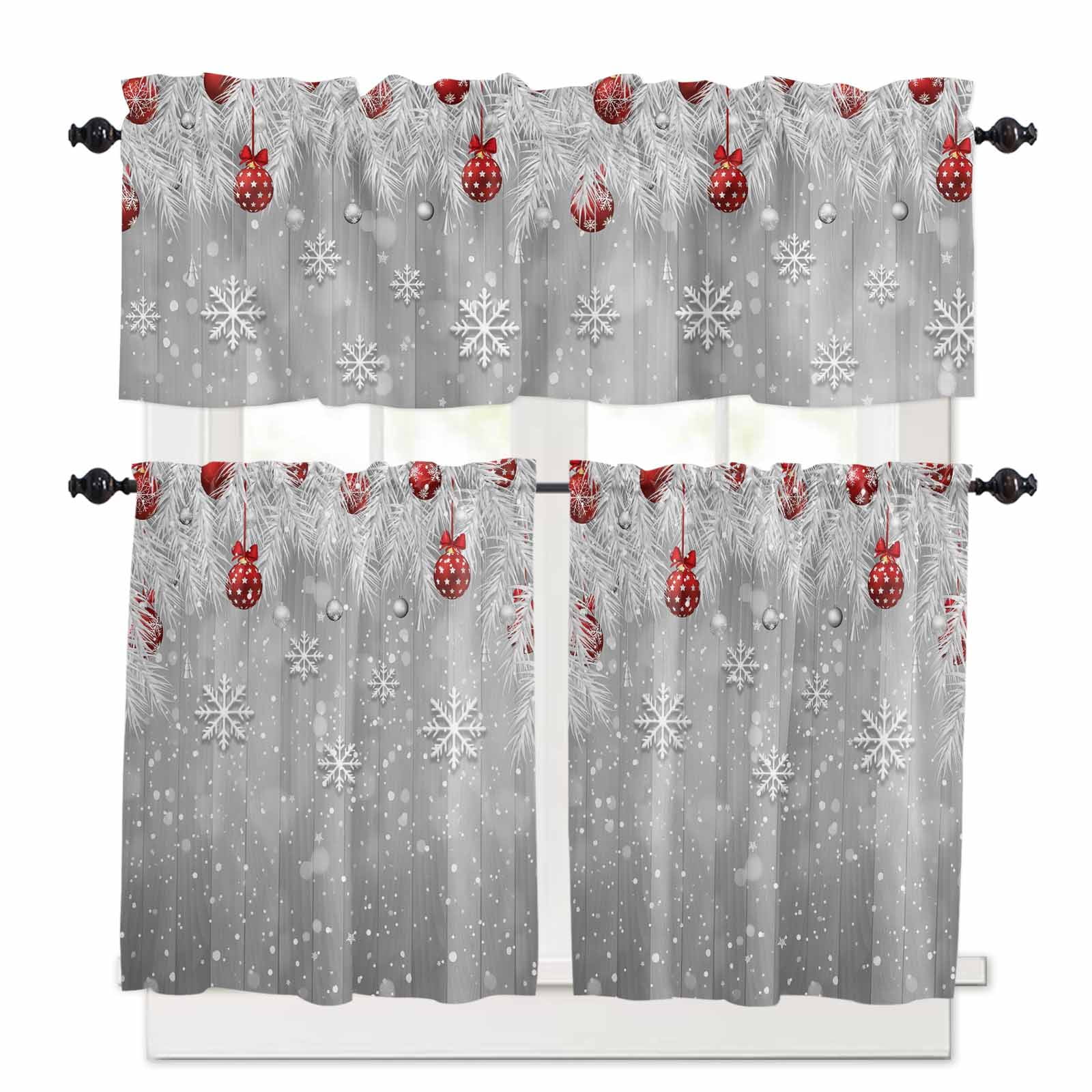 Christmas Kitchen Curtains and Valances Set, Red Xmas Balls White Leaf ...