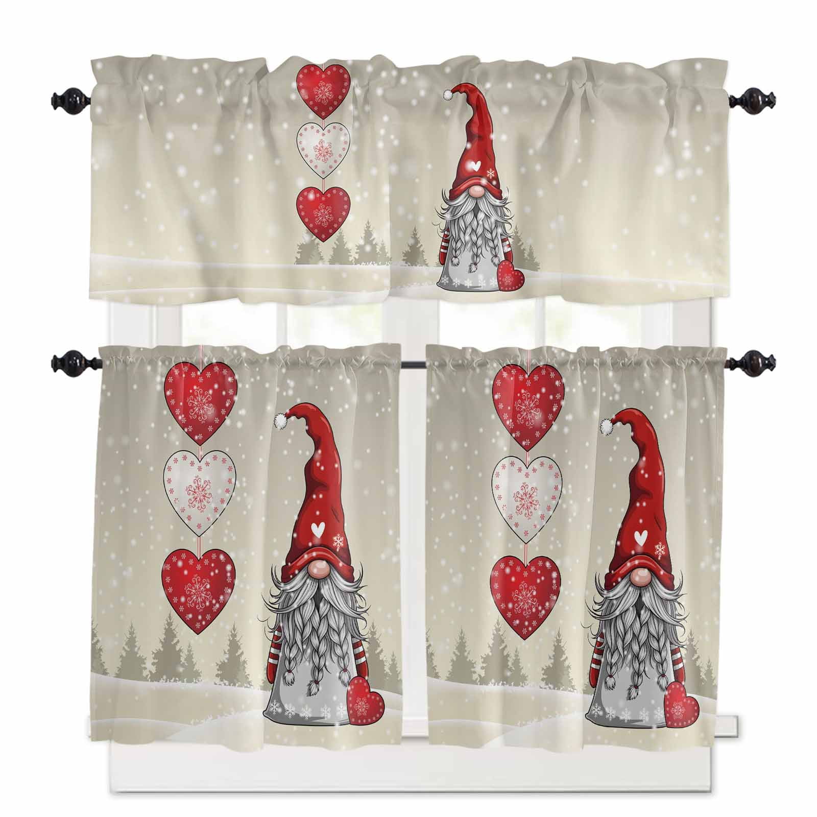 Christmas Kitchen Curtains and Valances Set, Red Xmas Gnome Love Heart ...