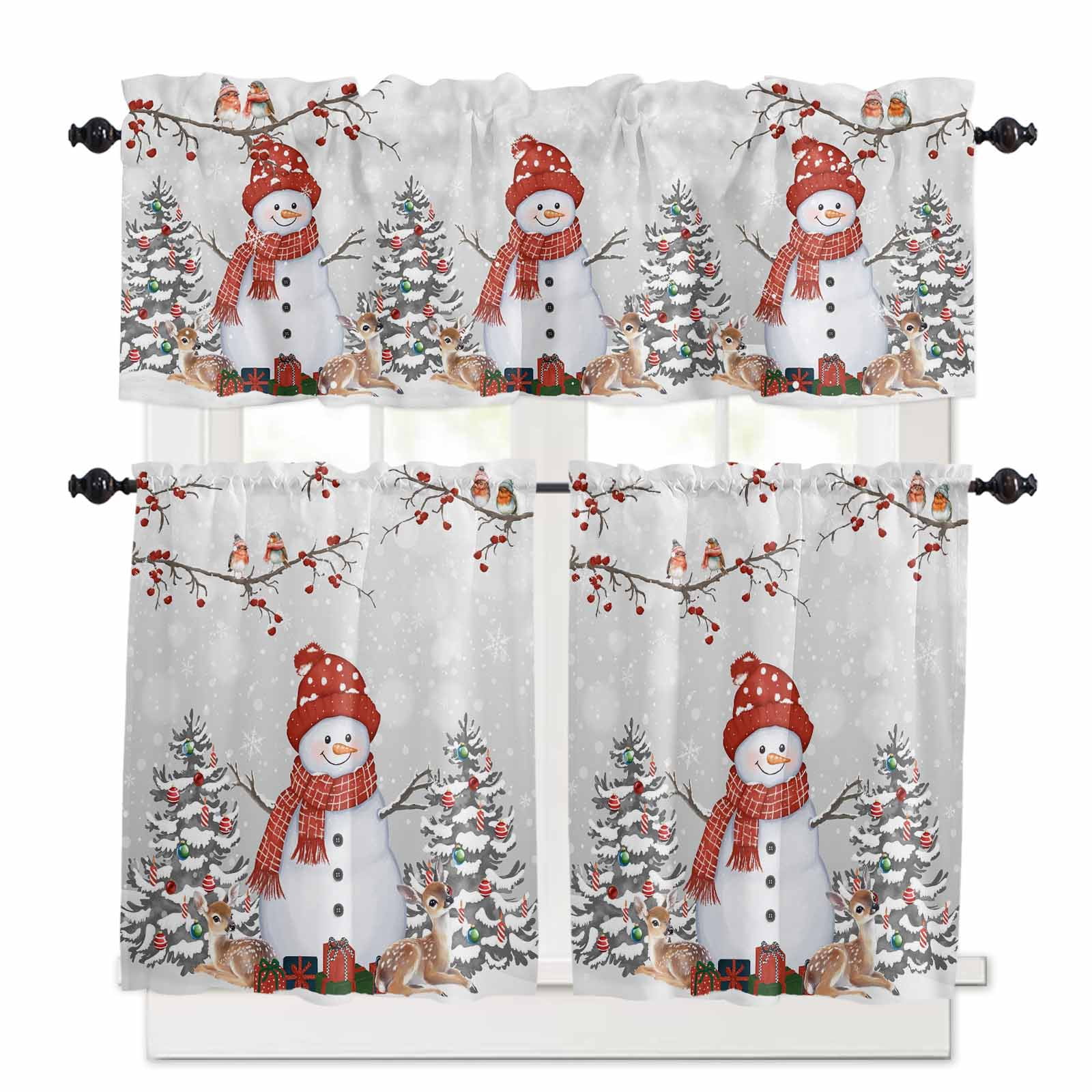 Christmas Kitchen Curtains and Valances Set, Red Xmas Snowman Pine Tree ...