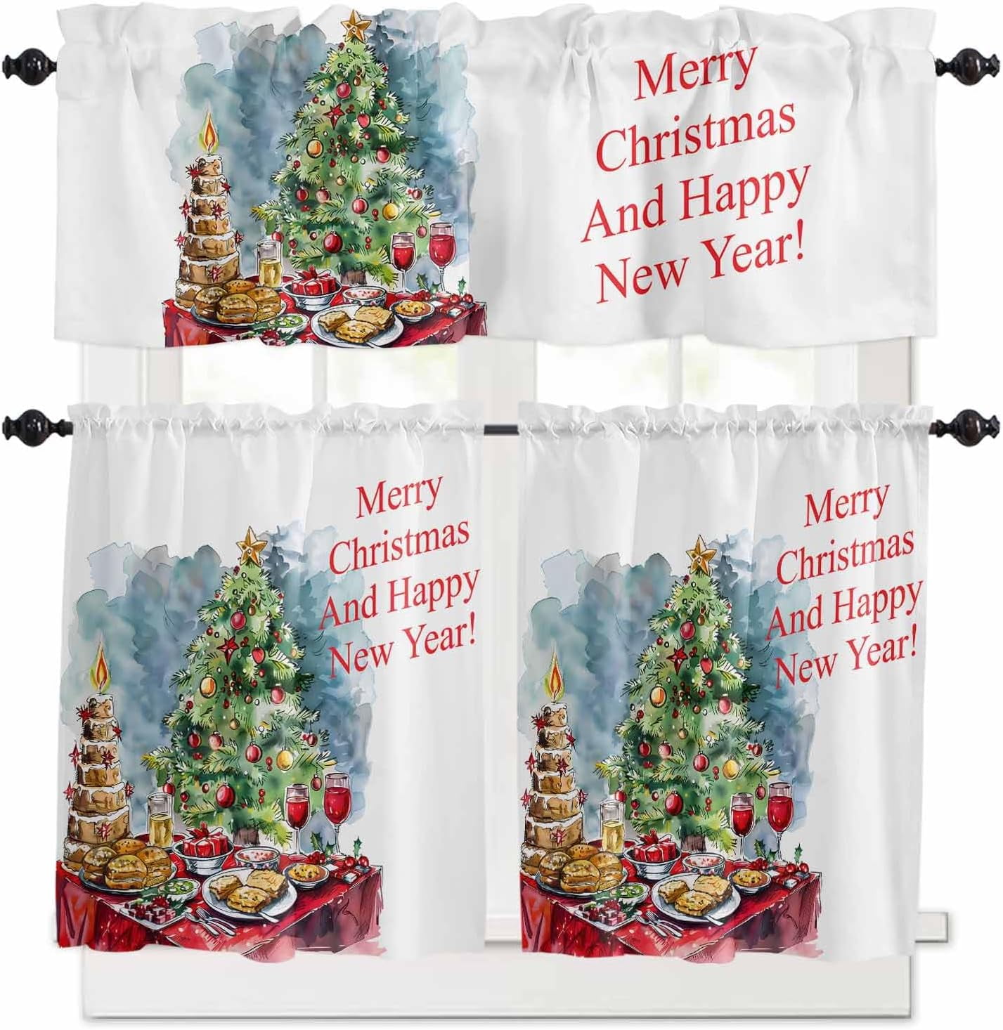 Christmas Kitchen Curtains and Valances Set, Rod Pocket Curtains Tier ...