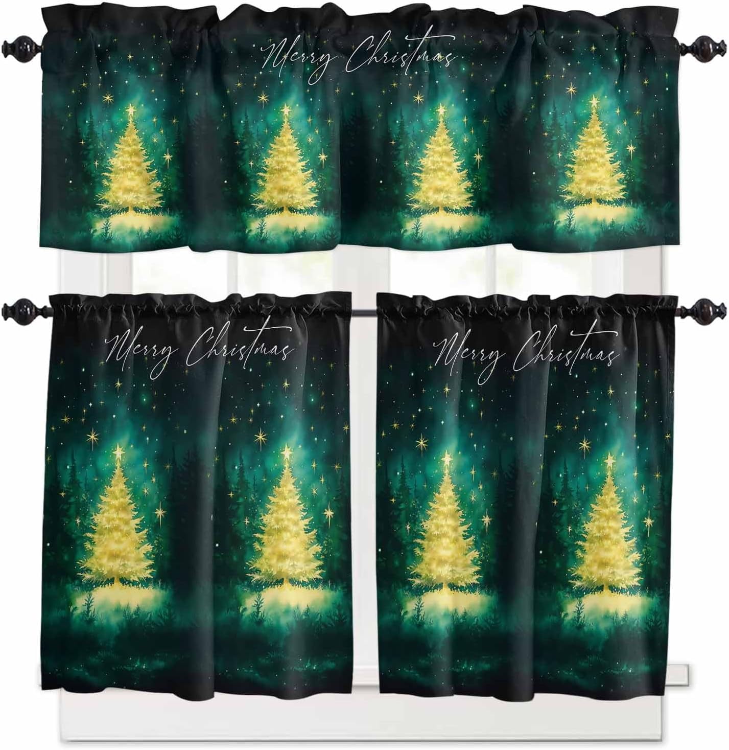 Christmas Kitchen Curtains and Valances Set, Rod Pocket Curtains Tier ...