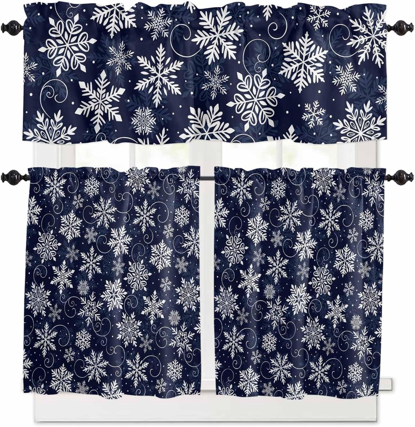 Christmas Kitchen Curtains and Valances Set, White Navy Snowflakes ...