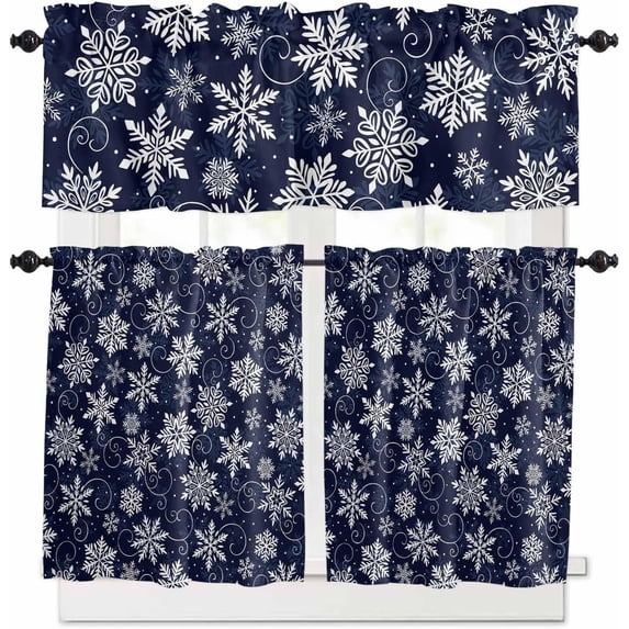 Christmas Kitchen Curtains and Valances Set, White Navy Snowflakes ...