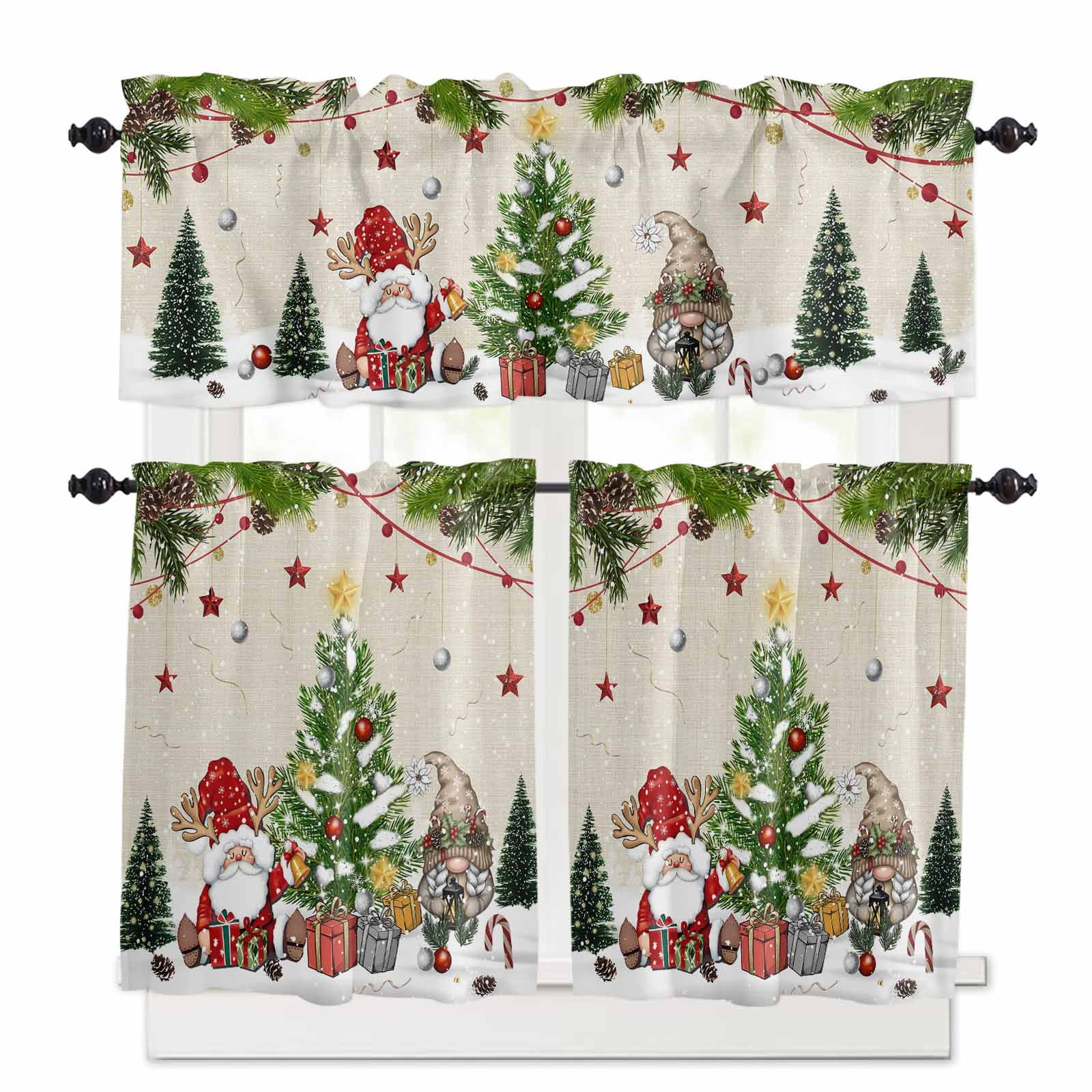 Christmas Kitchen Curtains and Valances Set, Winter Santa Gnome Pine ...