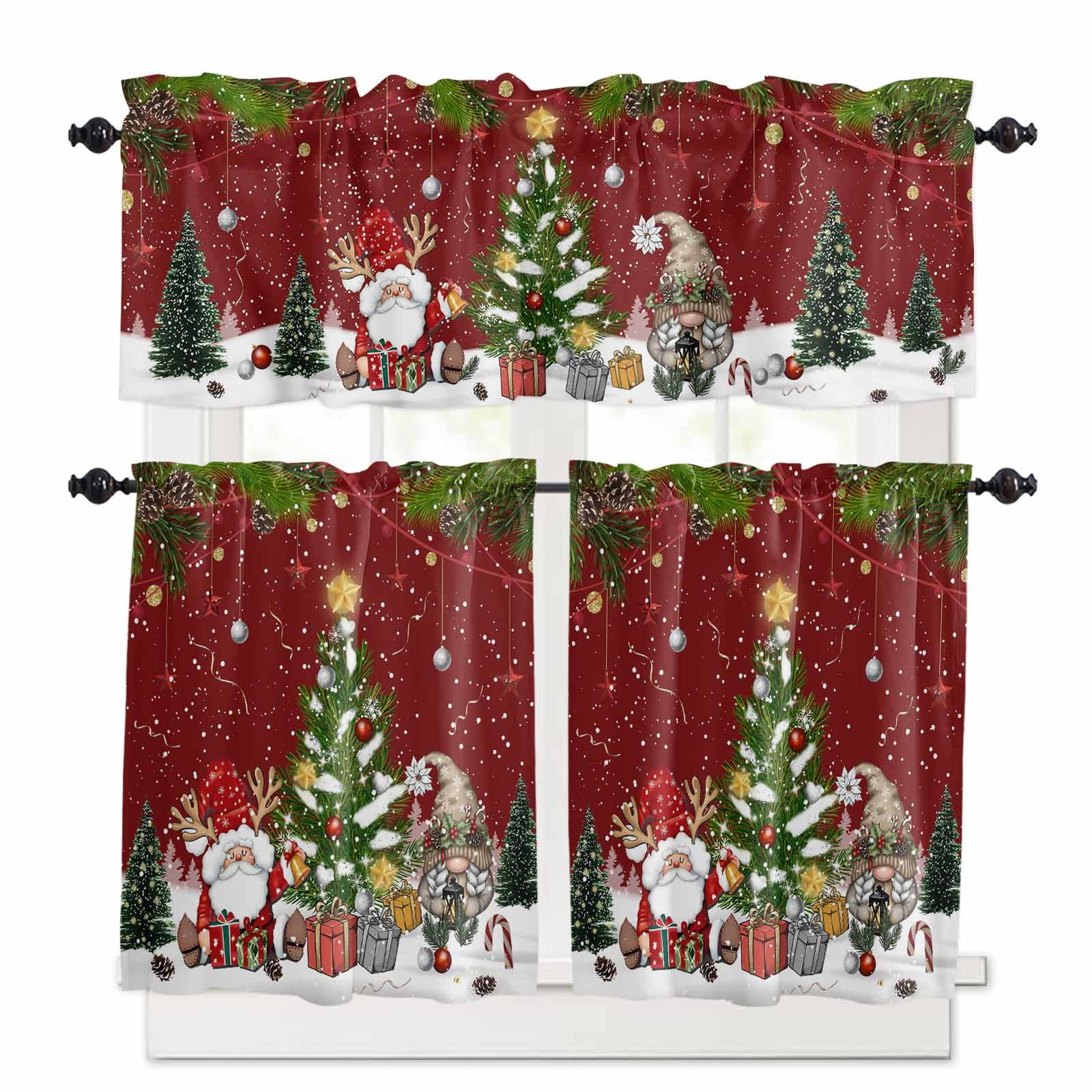 Christmas Kitchen Curtains and Valances Set, Winter Santa Gnome Pine ...