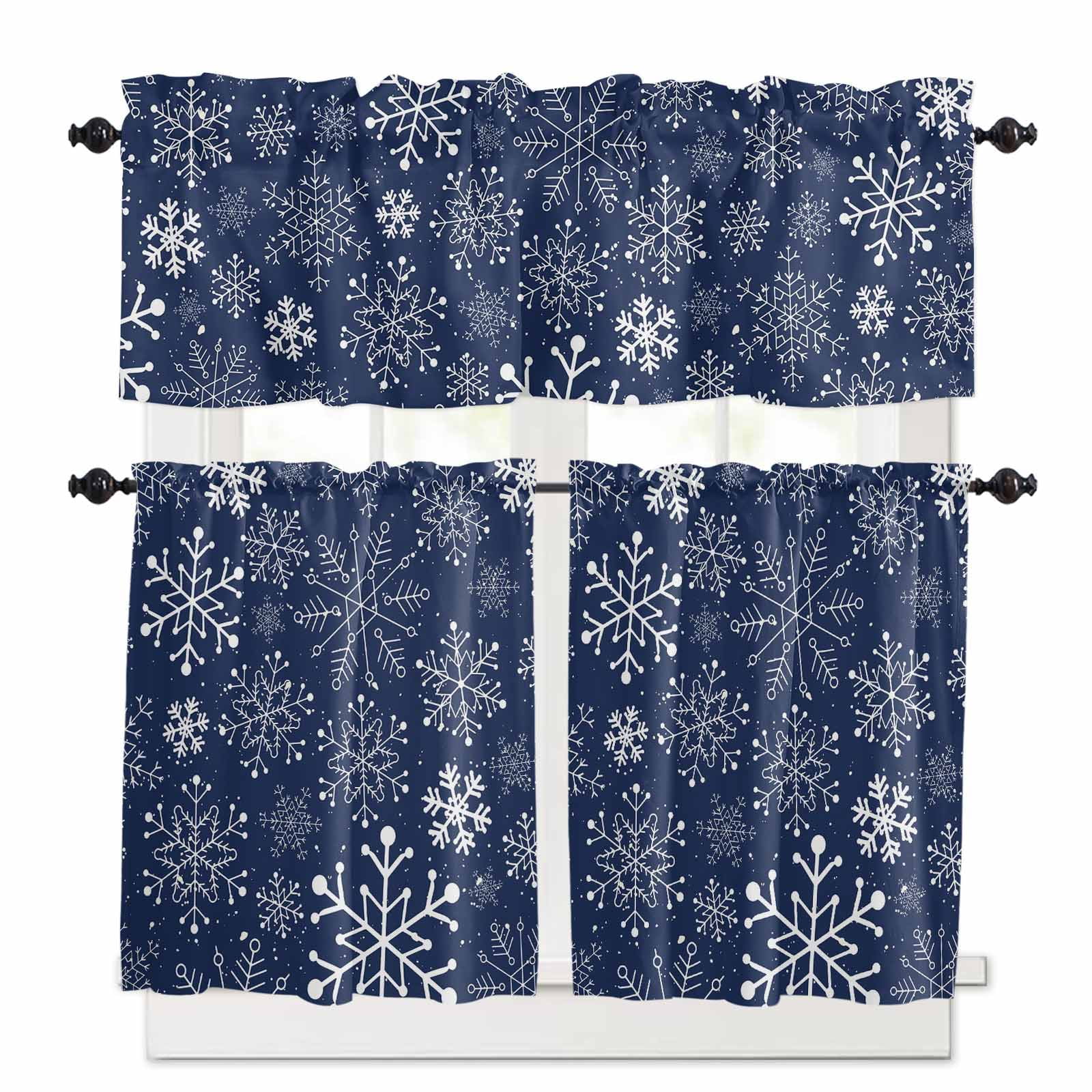 Christmas Kitchen Curtains and Valances Set, Winter Snowflakes Blue ...