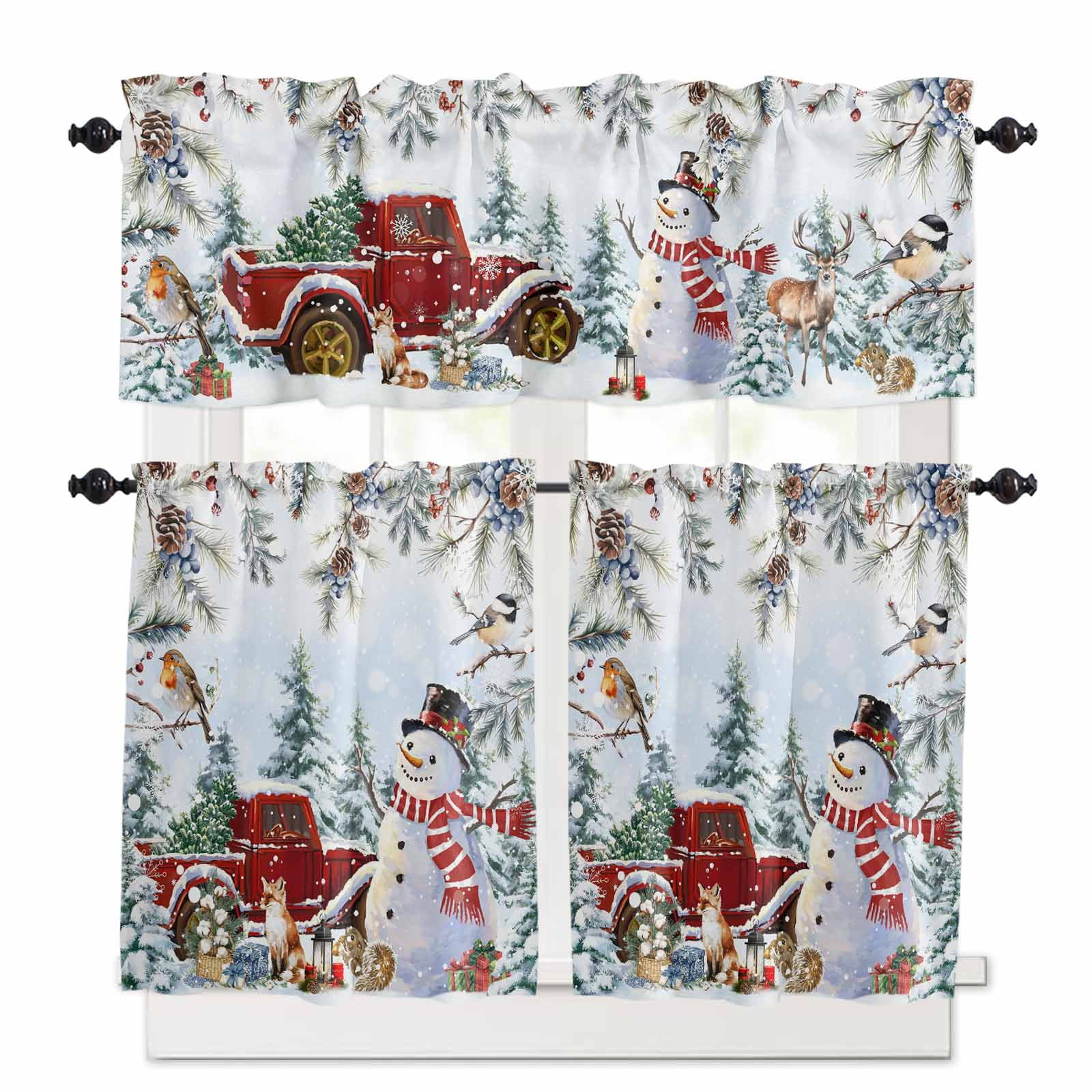 Christmas Kitchen Curtains and Valances Set, Xmas Snowman Truck Pine ...