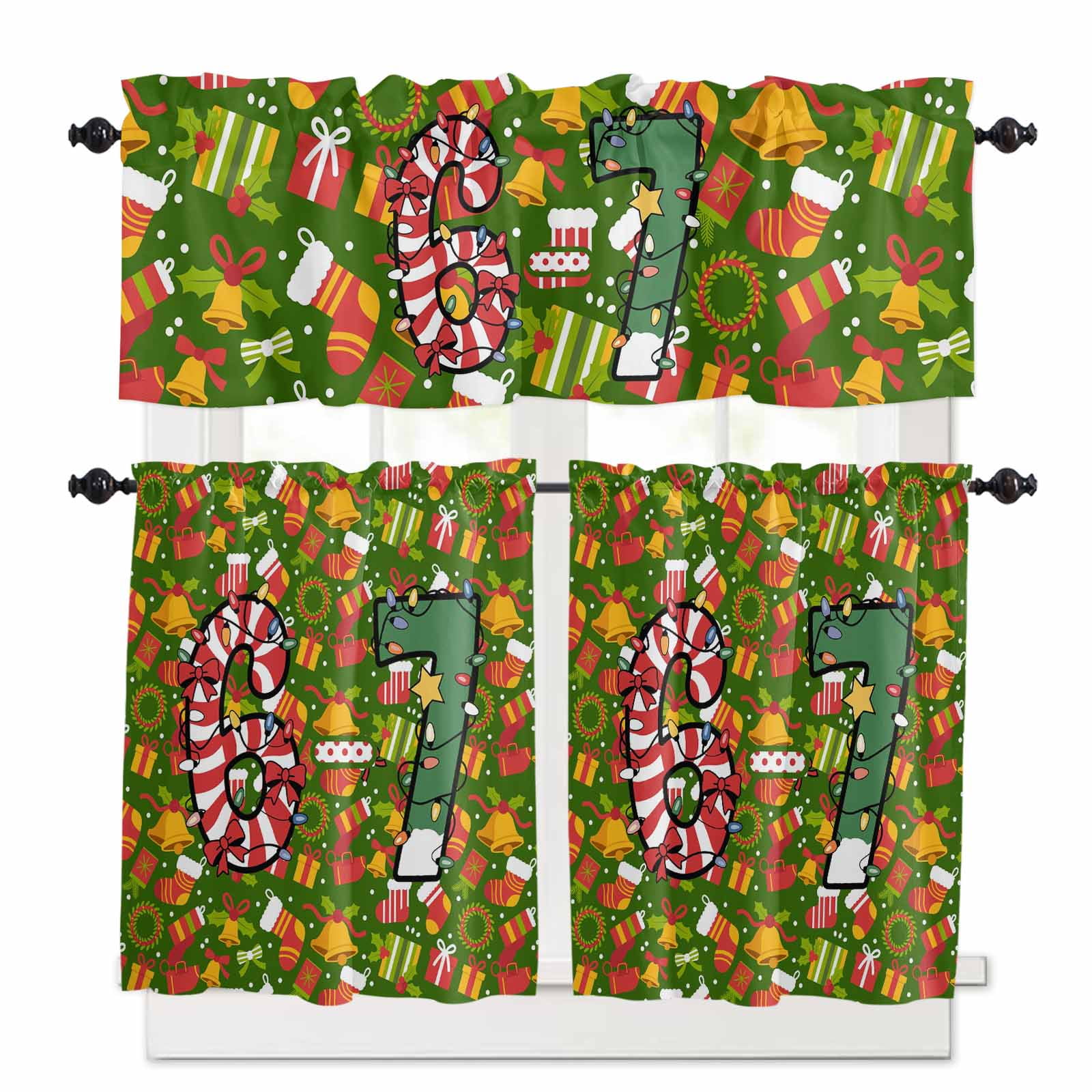 Christmas Kitchen Curtains Valances and Tiers Set of 3 Cartoon 6-7 ...