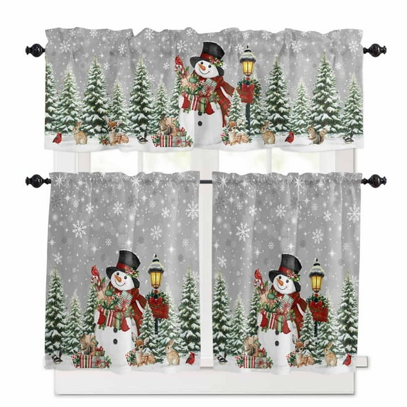 Christmas Kitchen Curtains Valances and Tiers Set of 3 Cute Hat Snowman ...