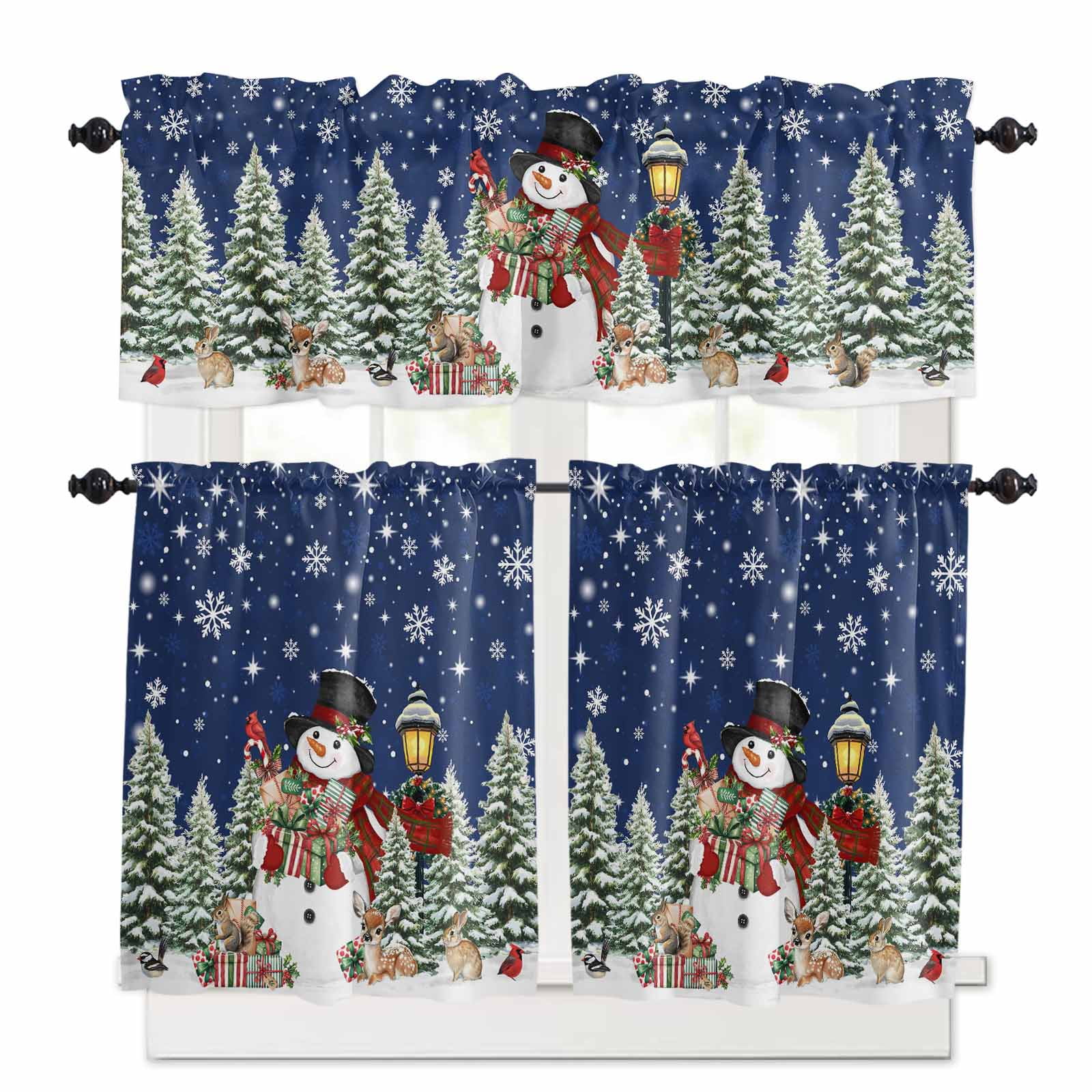 Christmas Kitchen Curtains Valances and Tiers Set of 3 Cute Hat Snowman ...