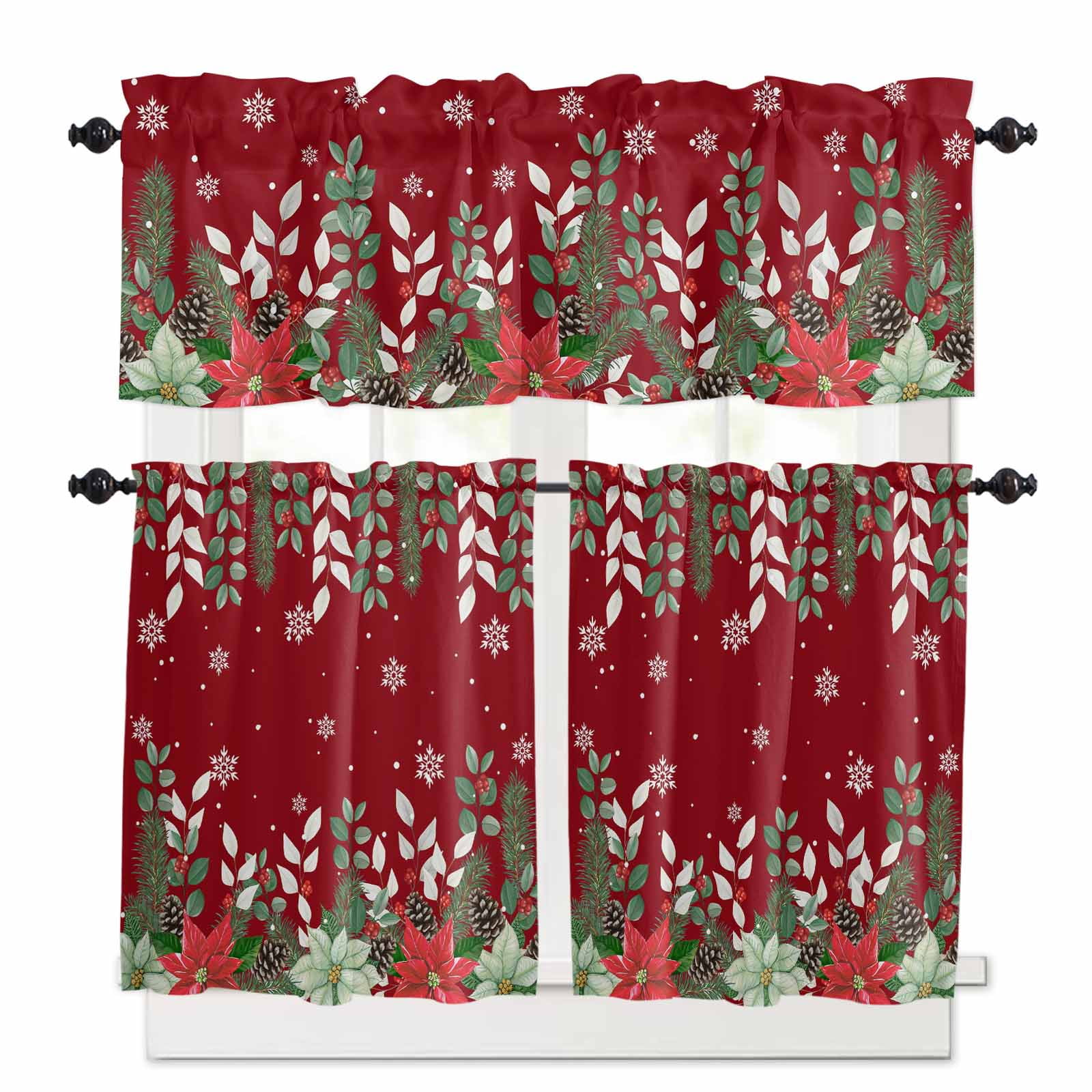 Christmas Kitchen Curtains Valances and Tiers Set of 3 Poinsettia ...