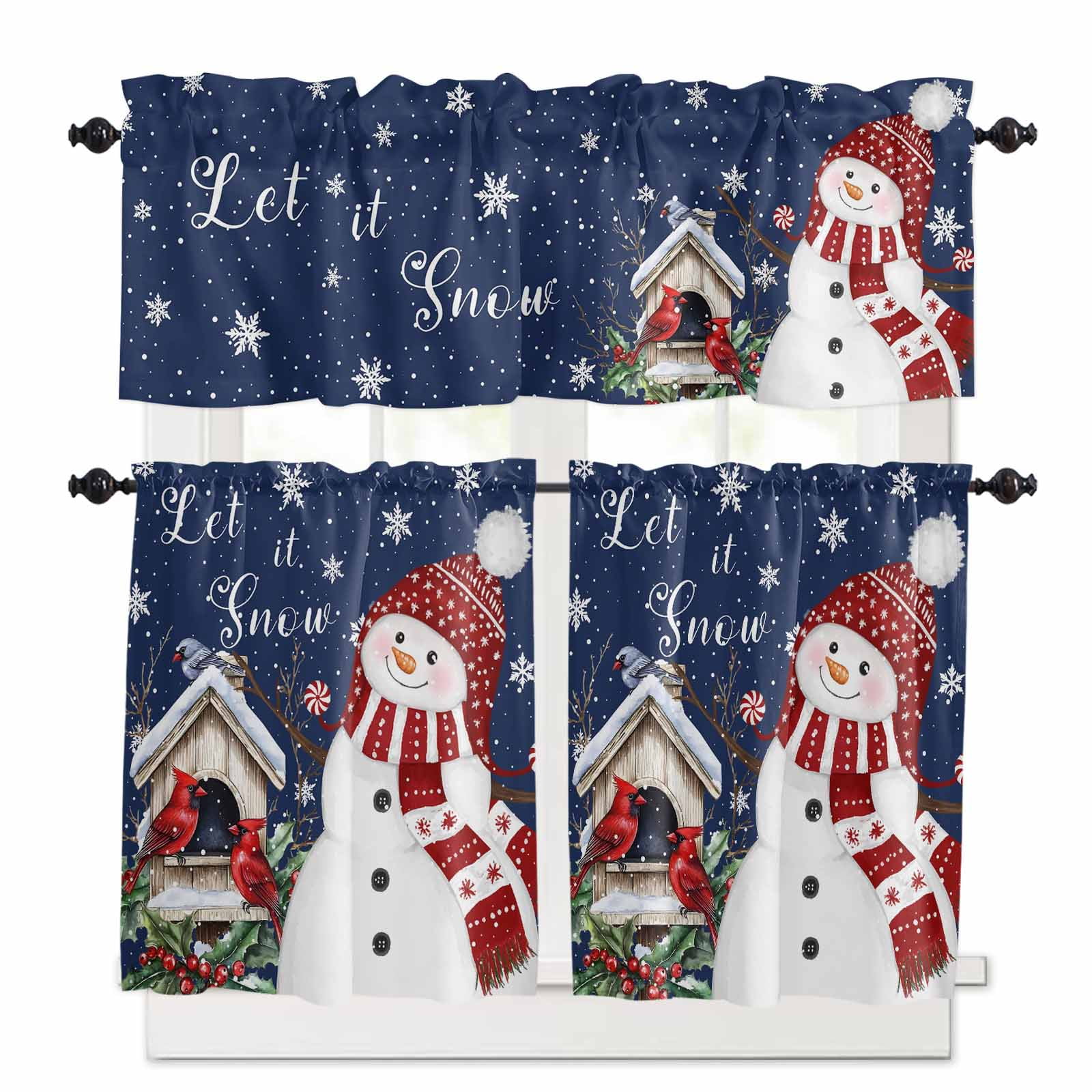 Christmas Kitchen Curtains Valances and Tiers Set of 3 Red Hat Snowman ...