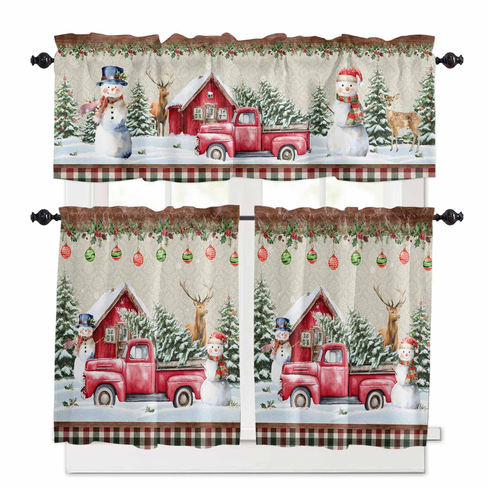 Christmas Kitchen Curtains Valances and Tiers Set of 3 Snowman Truck ...