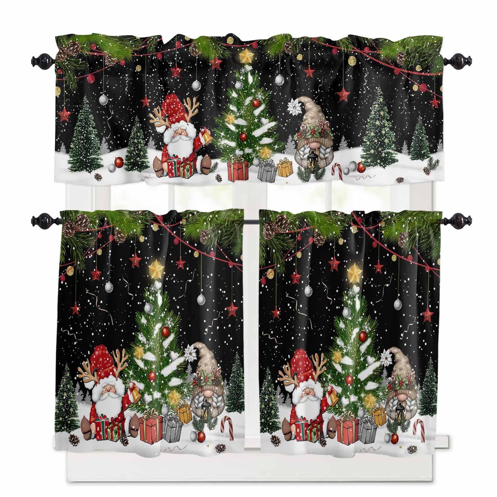 Christmas Kitchen Curtains Valances and Tiers Set of 3 Winter Santa ...