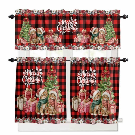 Christmas Kitchen Curtains Valances and Tiers Set of 3 Winter Xmas Cats ...