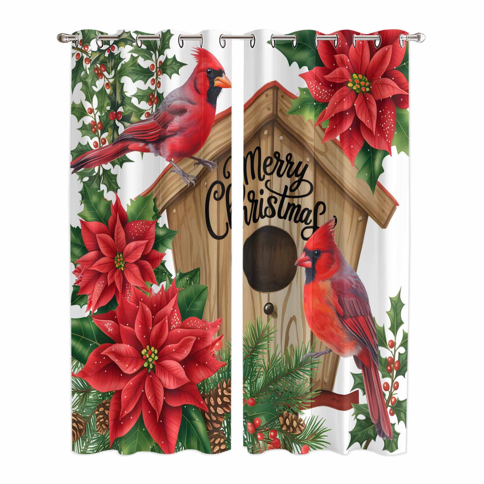 Christmas Kitchen Curtains Window Panels, Red Cardinal Poinsettia Hut ...