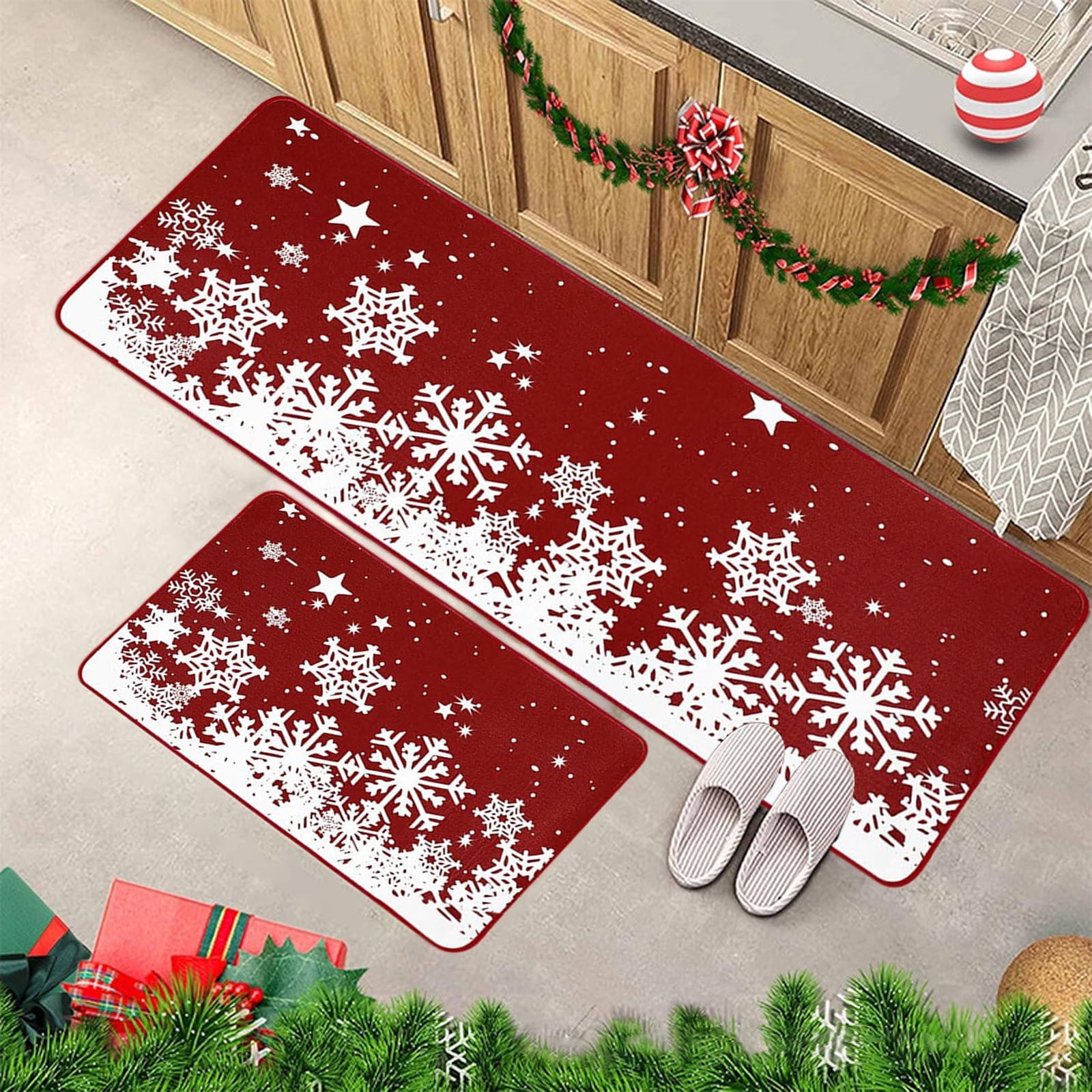 Christmas Kitchen Mat Rug Set Winter Snowflake Christmas DoorMat Rubber ...
