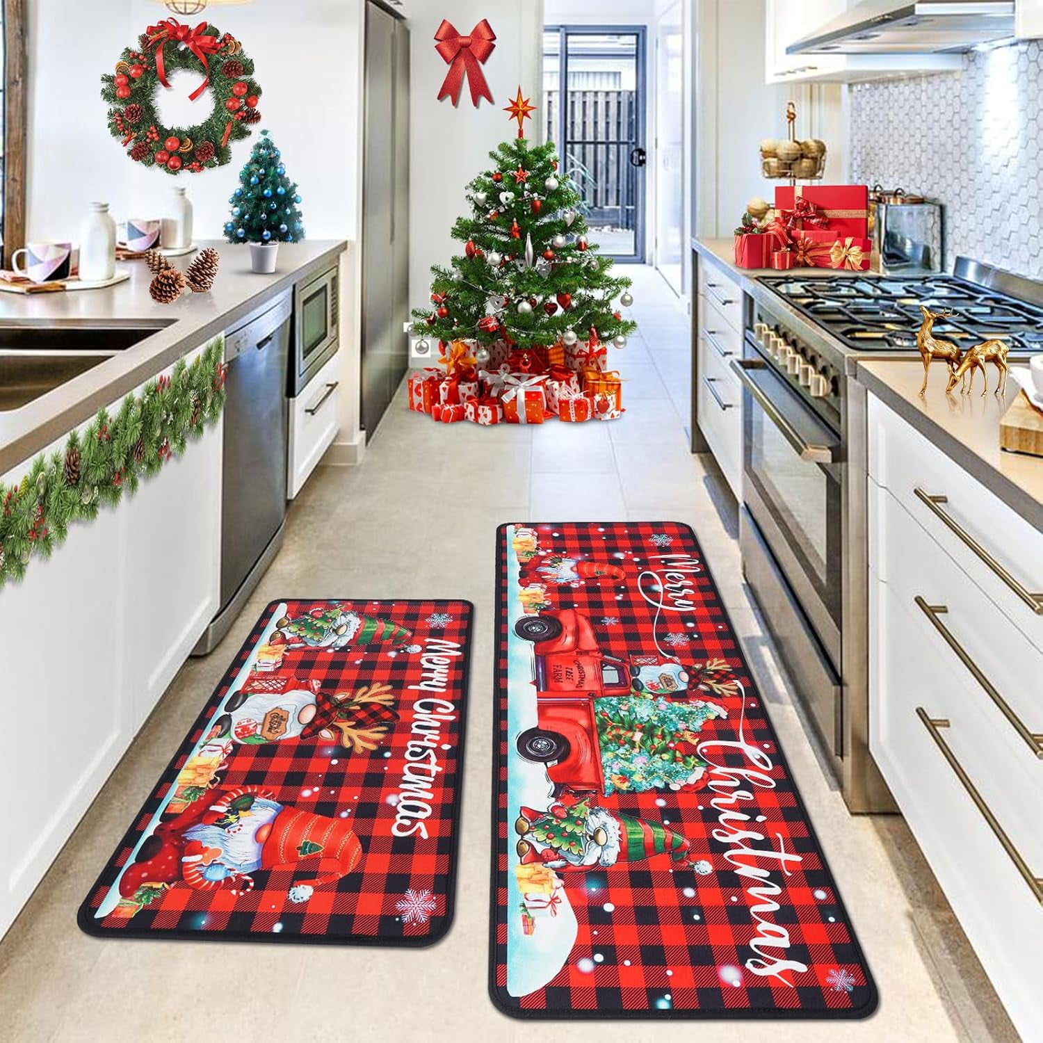 Christmas Kitchen Mats, Merry Christmas Kitchen Rug - Red Black Buffalo ...