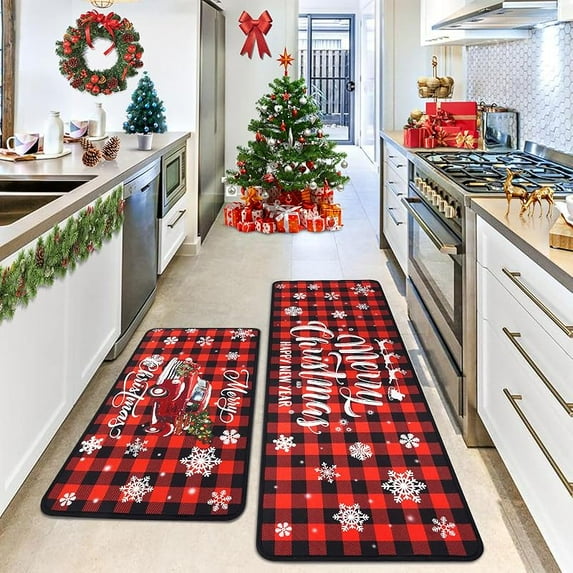 Christmas Kitchen Mats, Merry Christmas Kitchen Rugs Set of 2 - Red ...