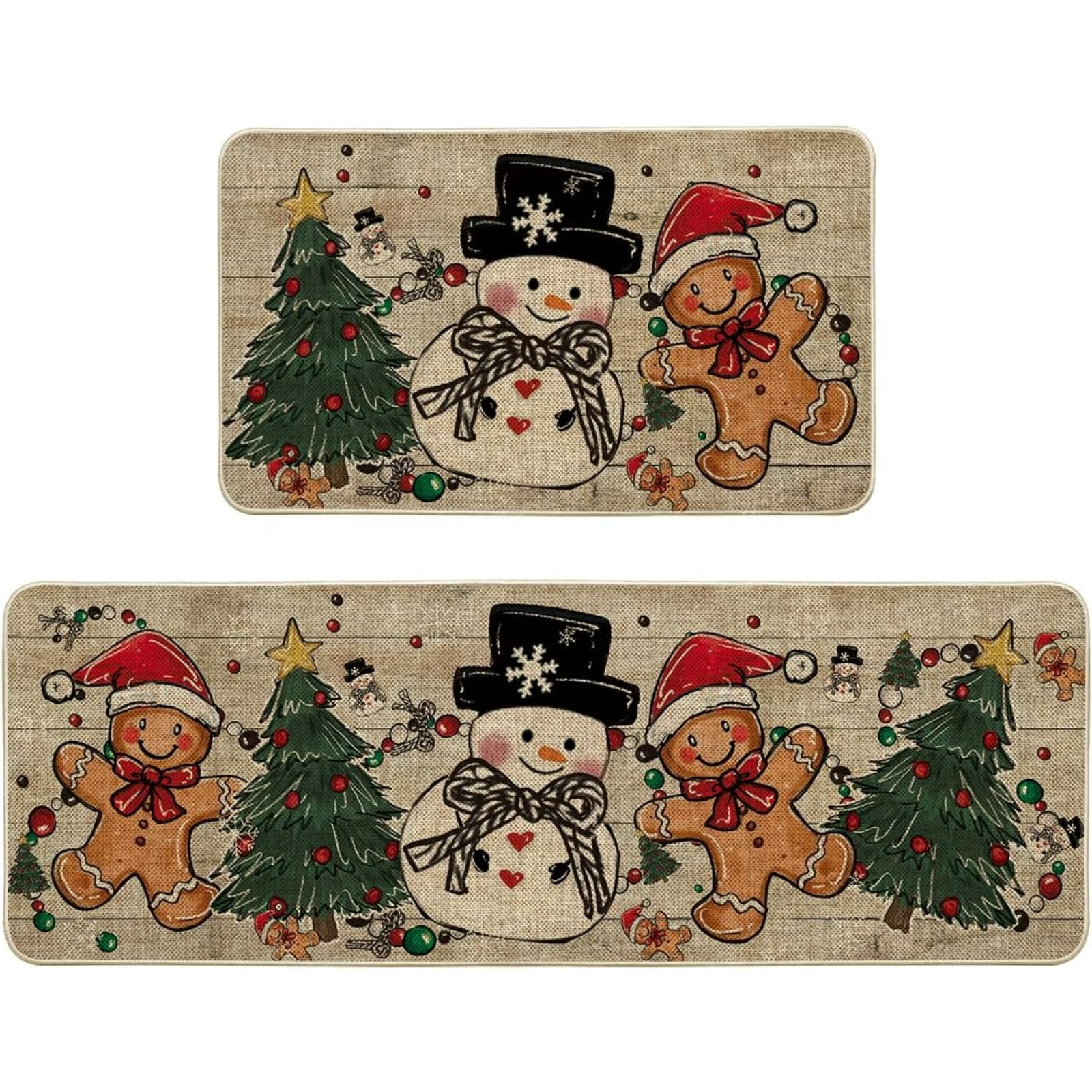 Christmas Kitchen Mats Set of 2 - Xmas Tree, Gingerbread Man, and ...
