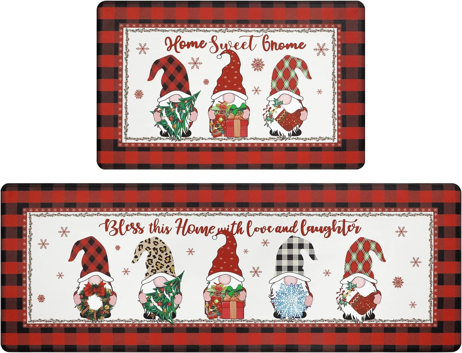 Christmas Kitchen Rug Set of 2 Non Slip Buffalo Plaid Gnomes Kitchen ...