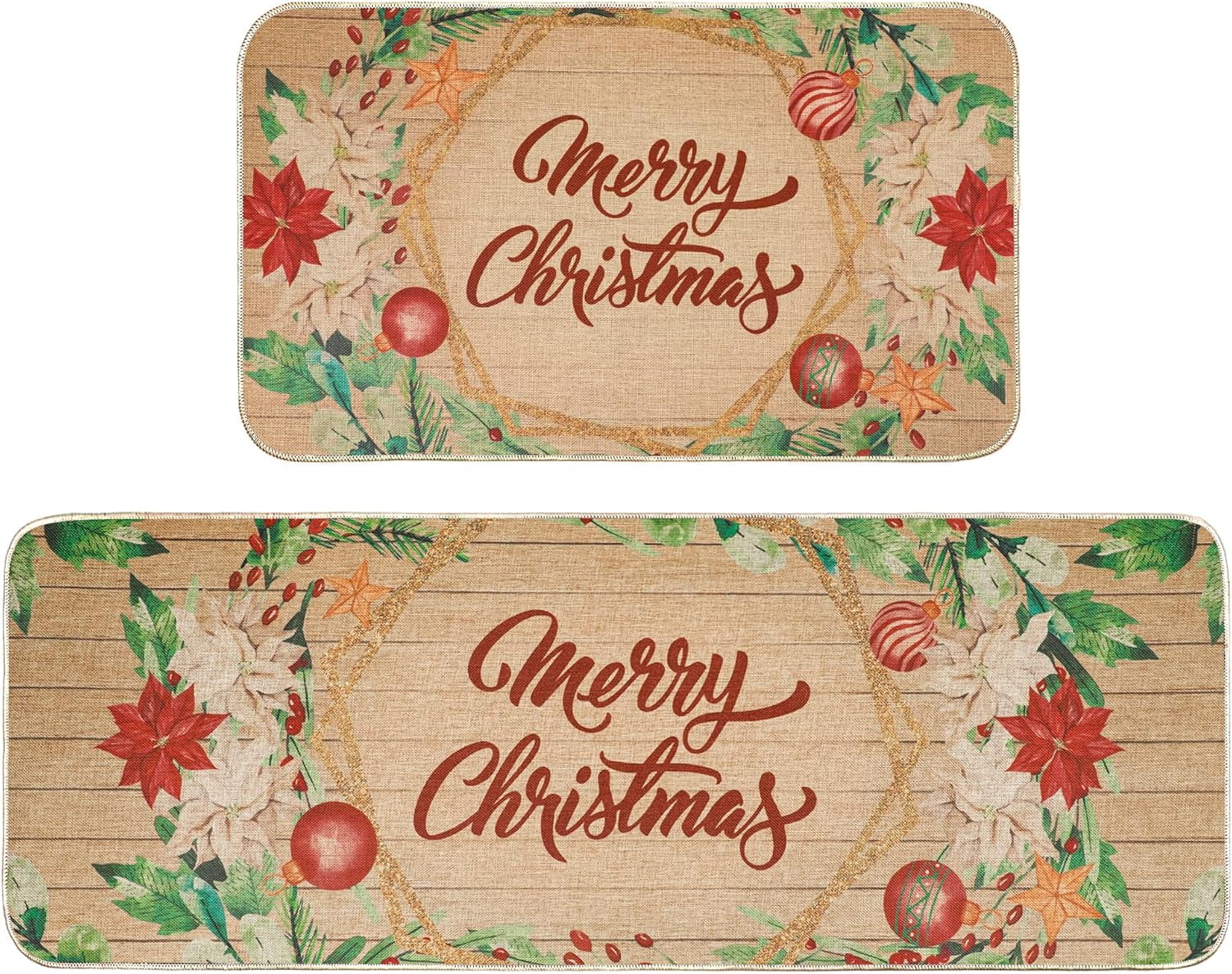 Christmas Kitchen Rug Sets 2 Piece Merry Christmas Flax Waterproof Non ...