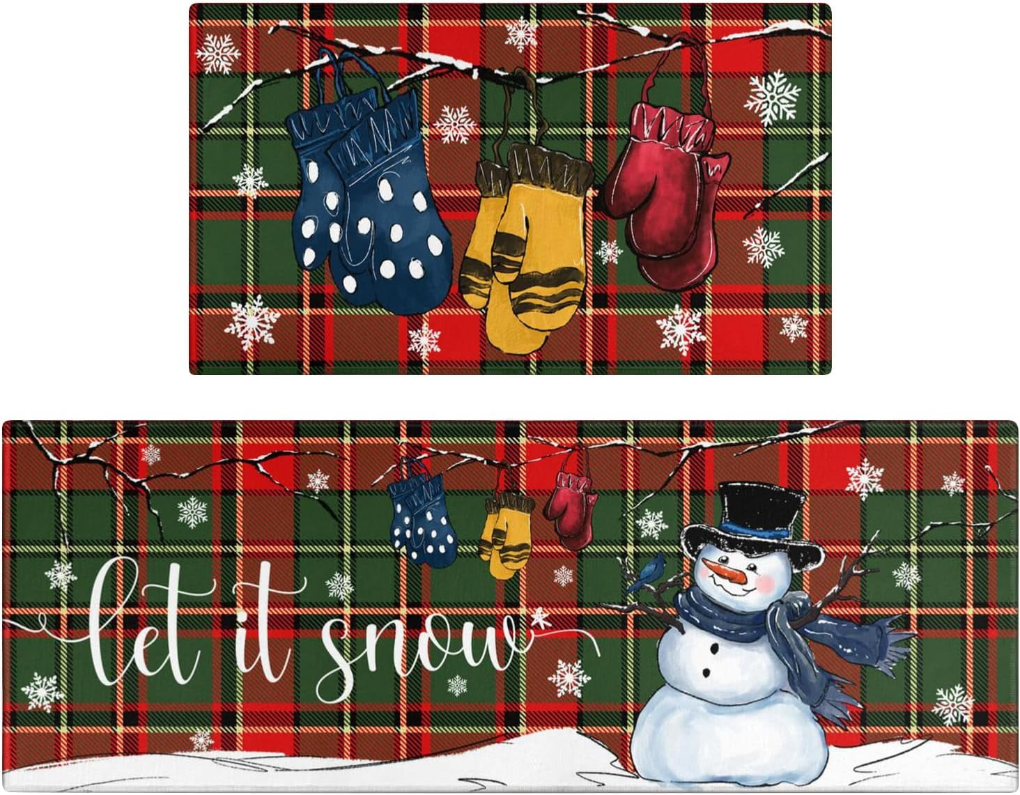 Christmas Kitchen Rugs and Mats Set of 2,Winter Snowman Buffalo Plaid ...
