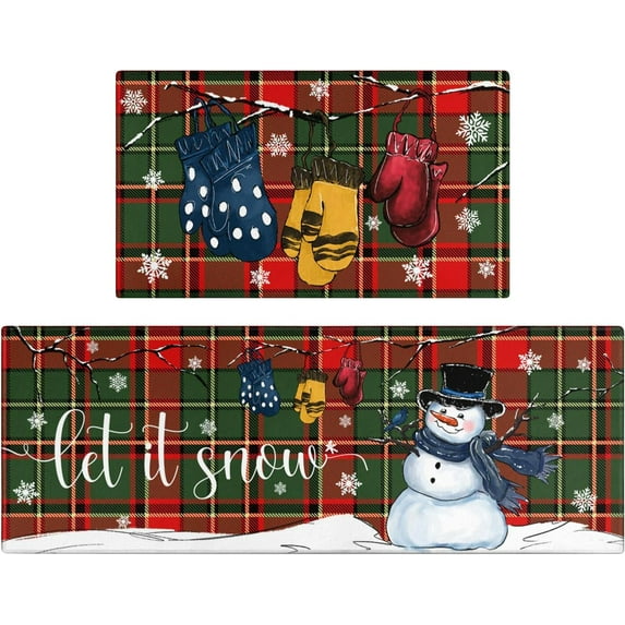 Christmas Kitchen Rugs and Mats Set of 2,Winter Snowman Buffalo Plaid ...