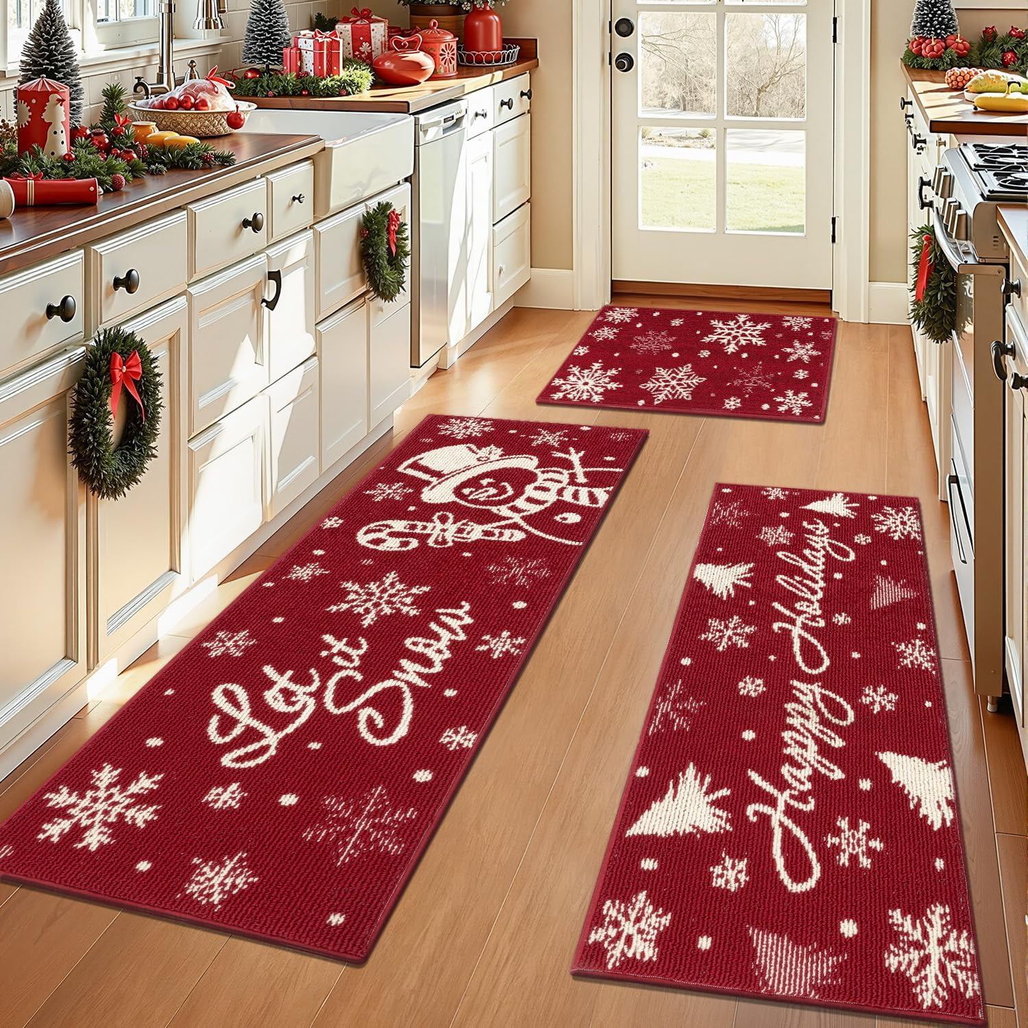 Christmas Kitchen Rugs Sets of 3, Snowflake & Snowman Kitchen Runner ...