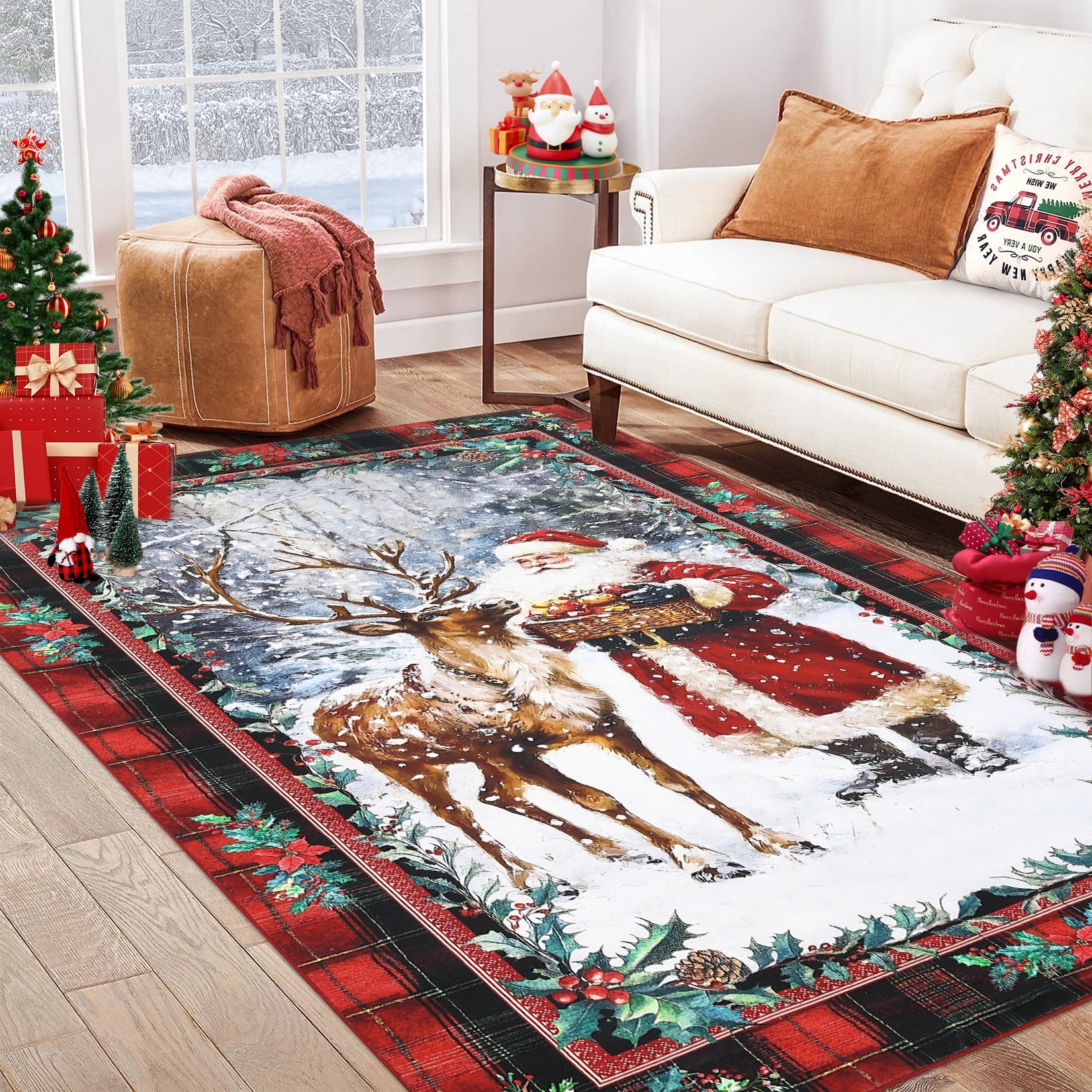 Christmas Kitchen Runner Rugs and Stain Resistant Mats Santa Claus Elk ...