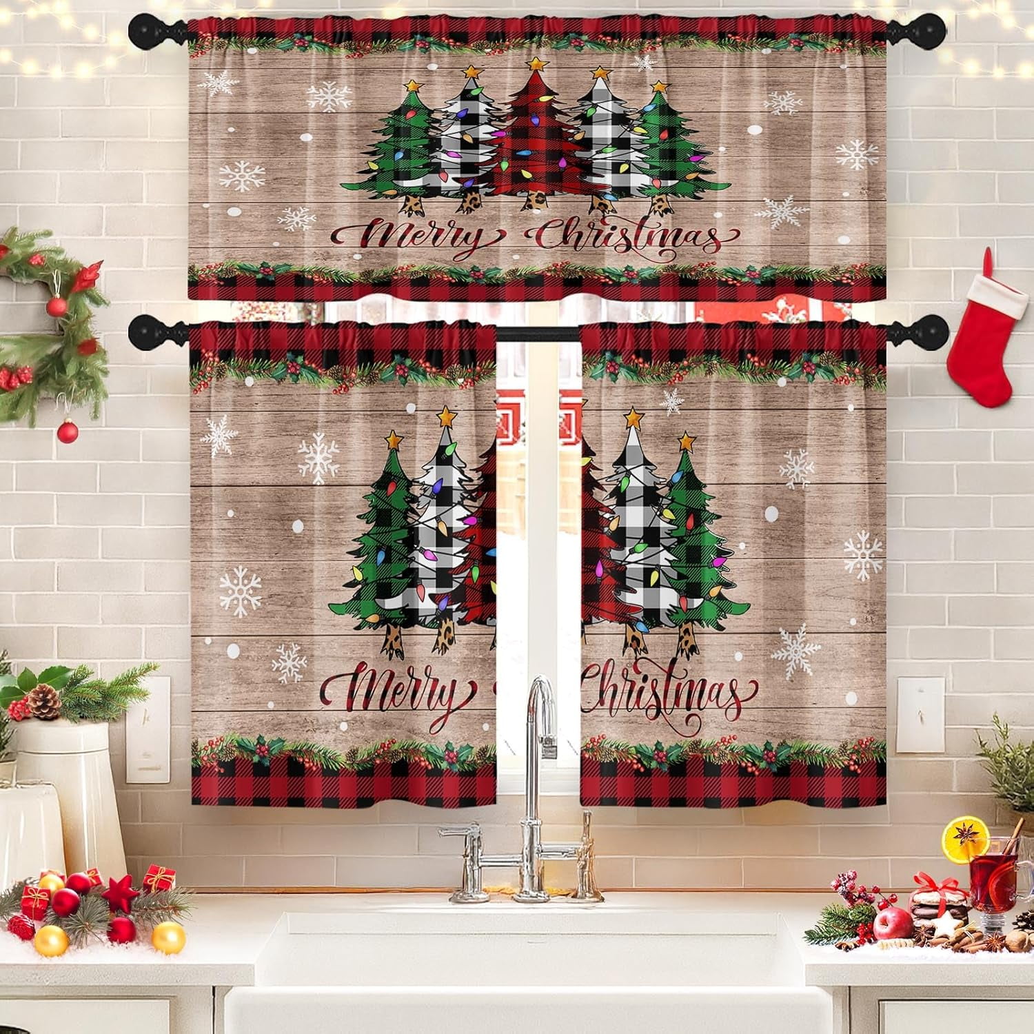 Christmas Kitchen Window Curtains and Valances Set 36 Inch Farmhouse ...