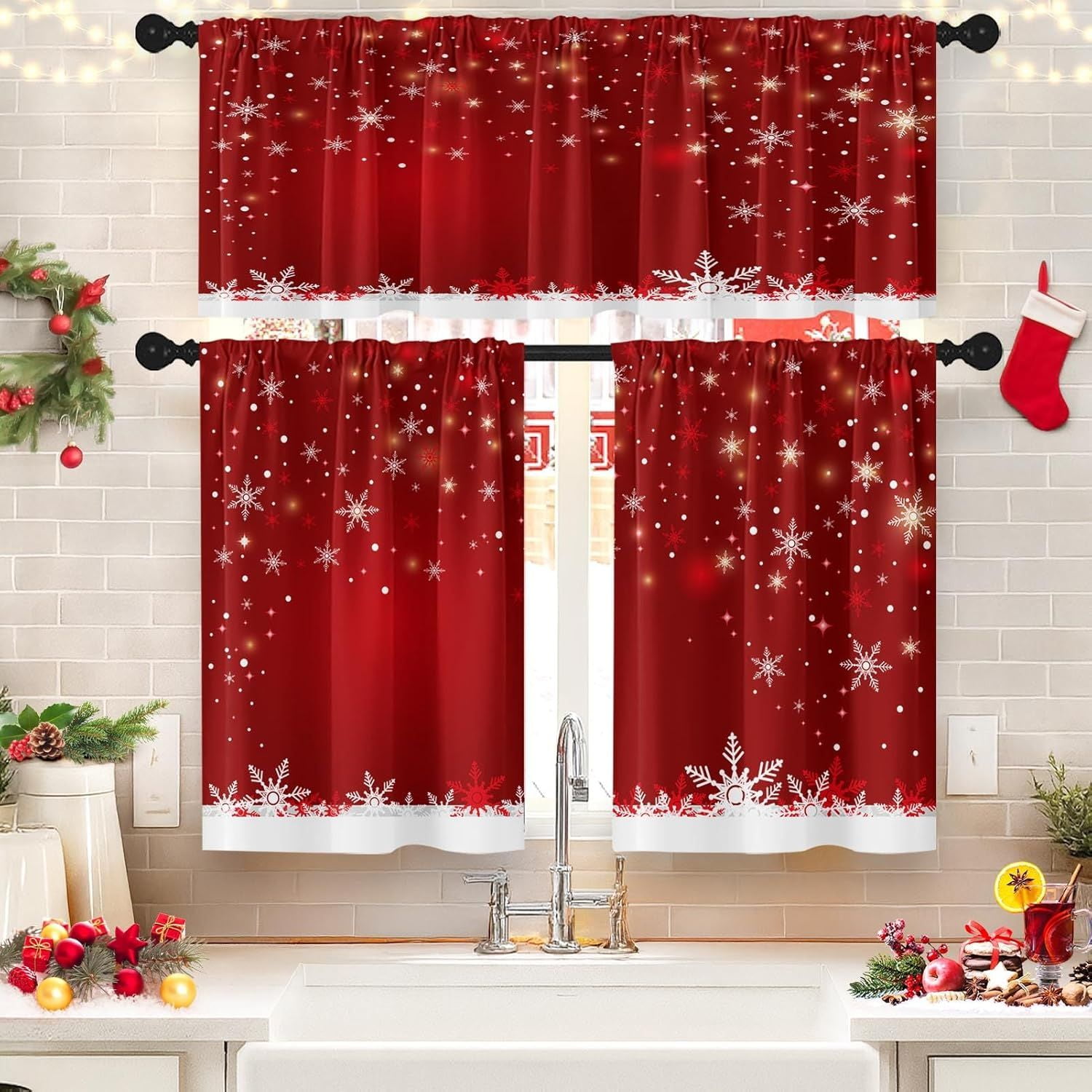 Christmas Kitchen Window Curtains and Valances Set 36 Inch Snowflakes ...